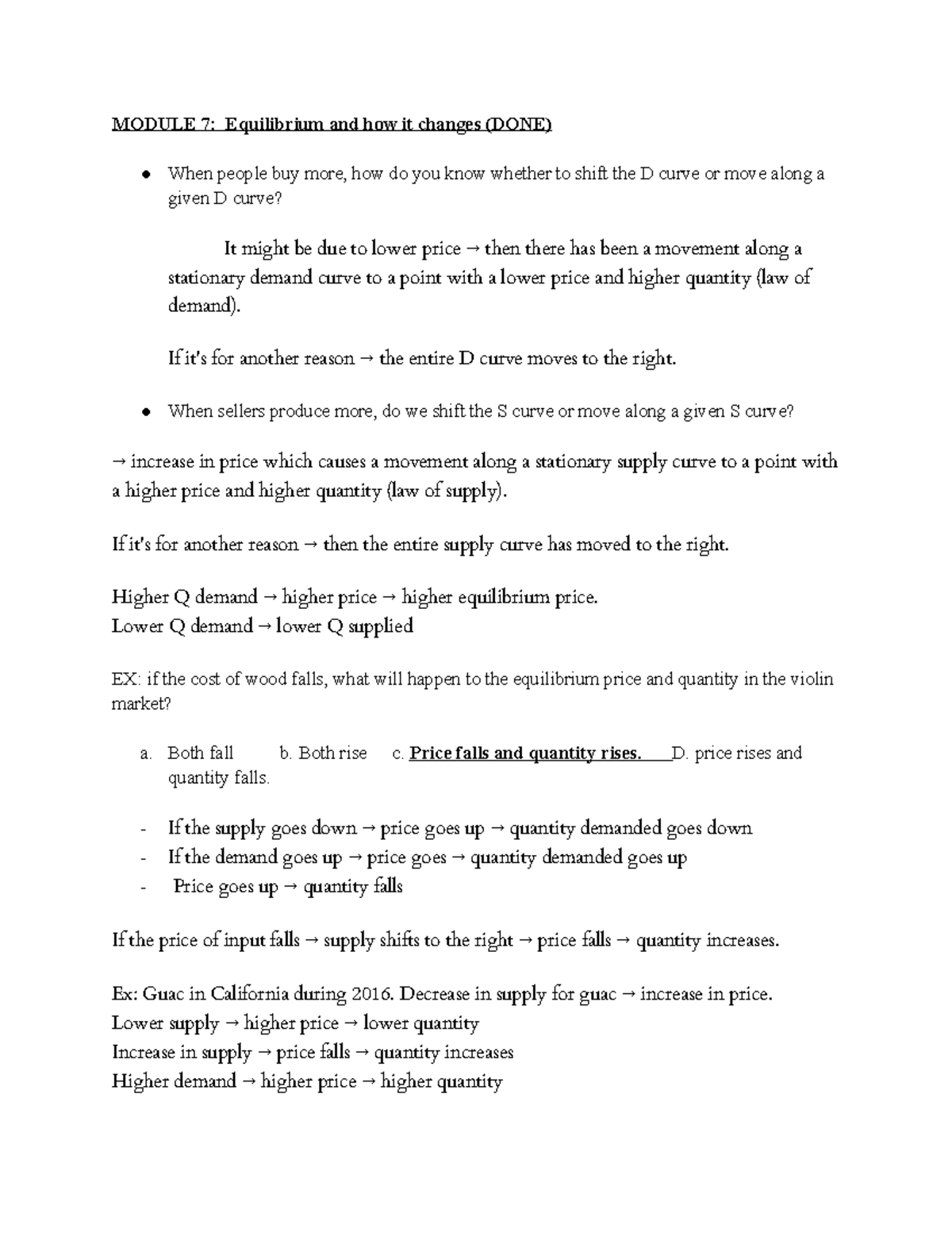 ECON 121 Notes - MODULE 7: Equilibrium and how it changes (DONE) When ...