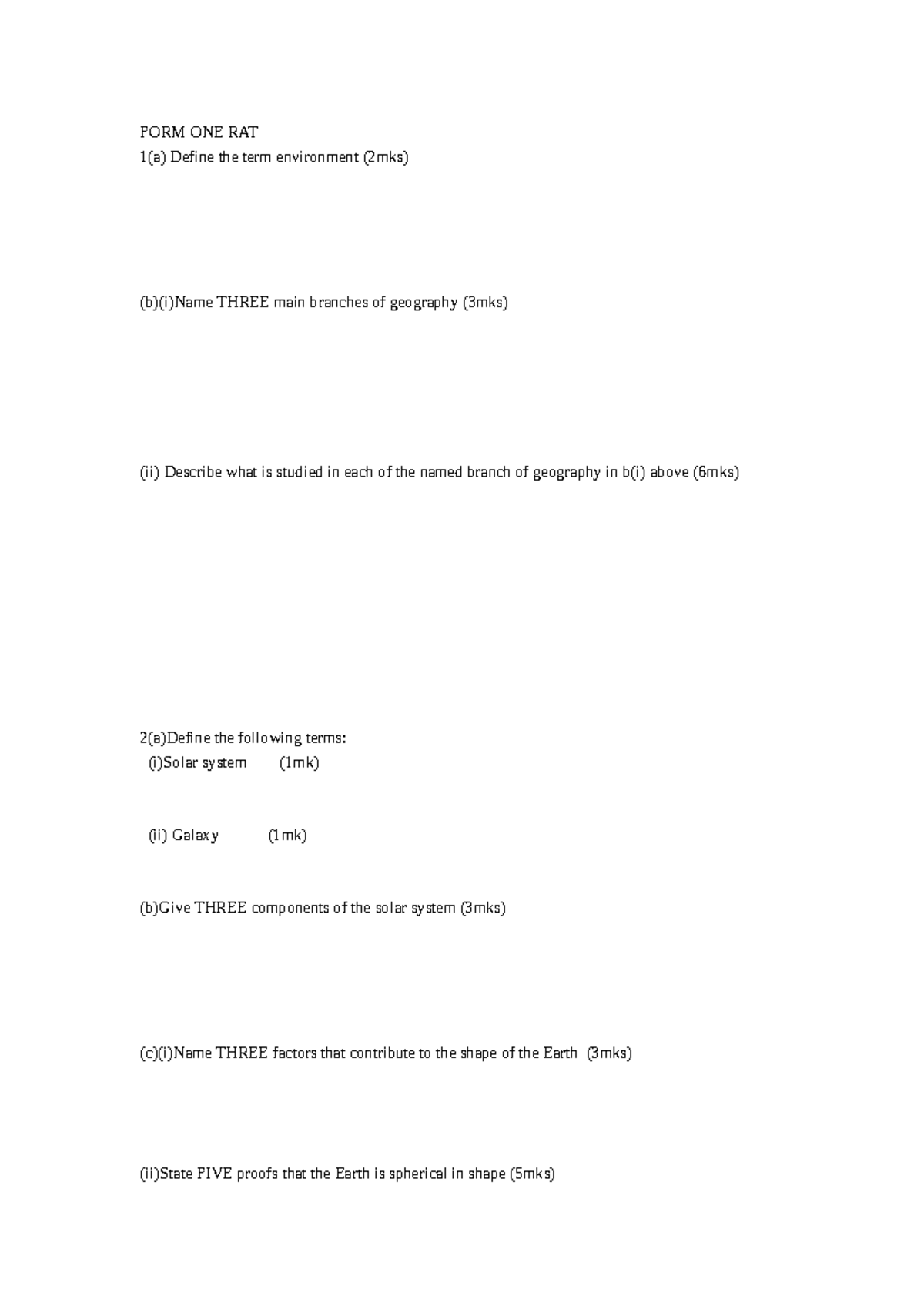Geography FORM 1 2020 R.A.T GEO SET 3 QP - FORM ONE RAT 1(a) Define the ...