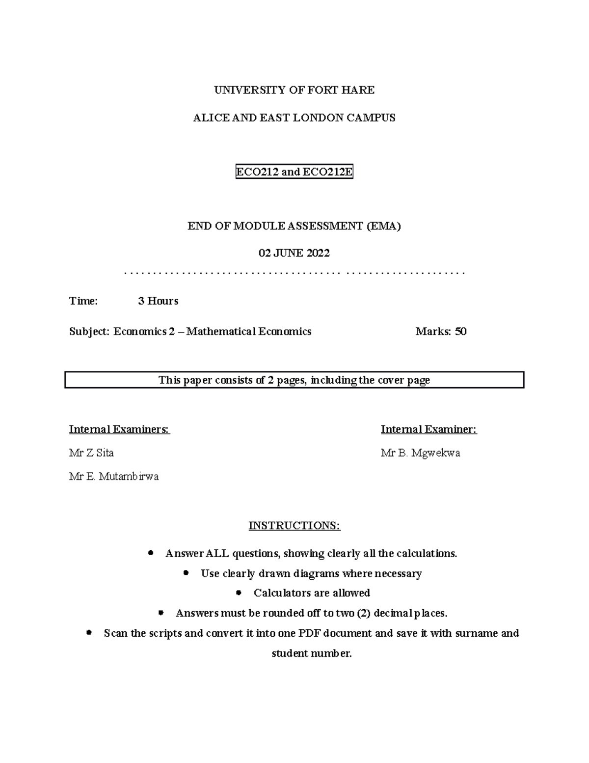 ECO212 EMA June 2022 - Thus was my june Final test for mathematical ...