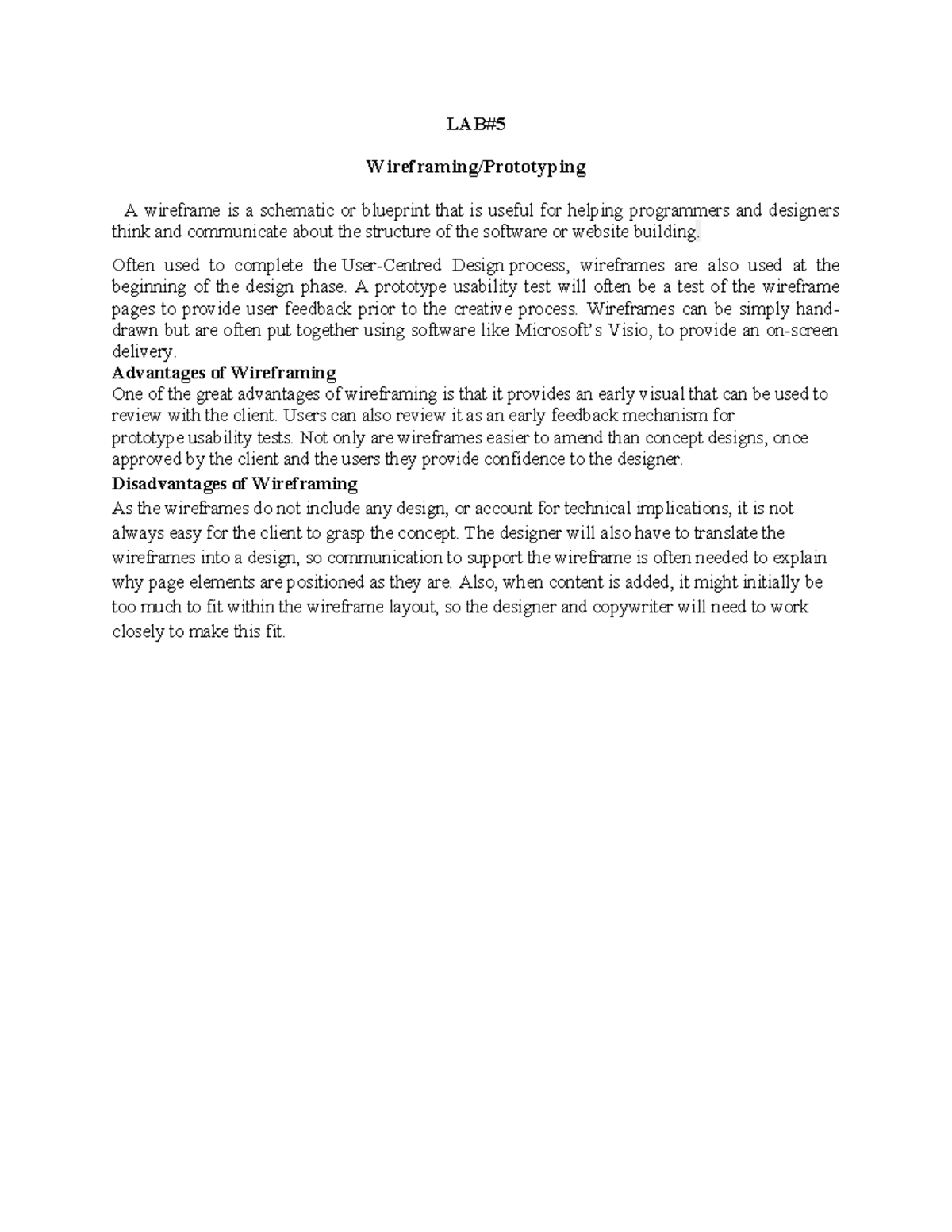 Lab 5 - hci lab - LAB# Wireframing/Prototyping A wireframe is a schematic or blueprint that is ...