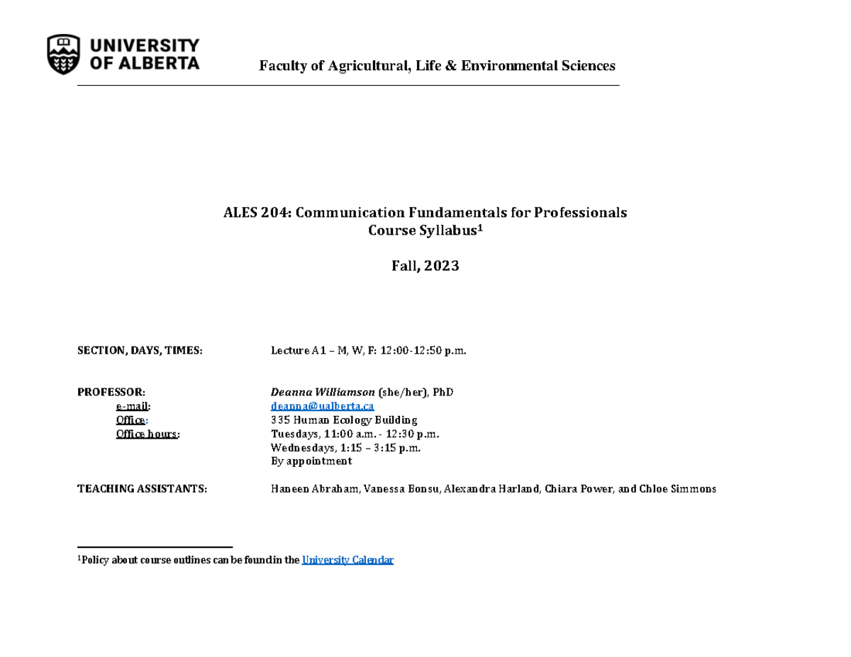 2023 Fall ALES 204 Lecture A1 - Faculty of Agricultural, Life ...