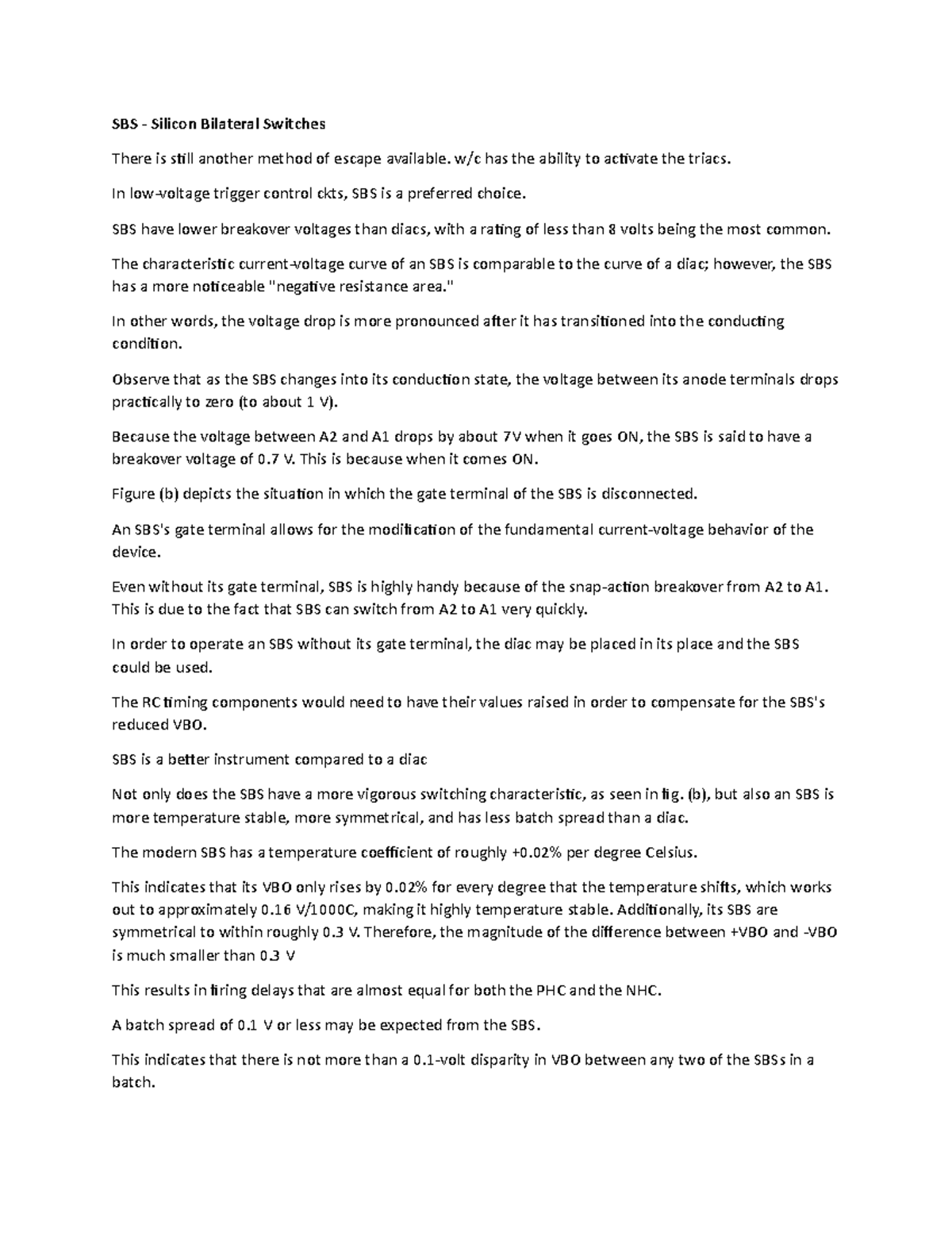 SBS - Silicon Bilateral Switches - w/c has the ability to activate the ...