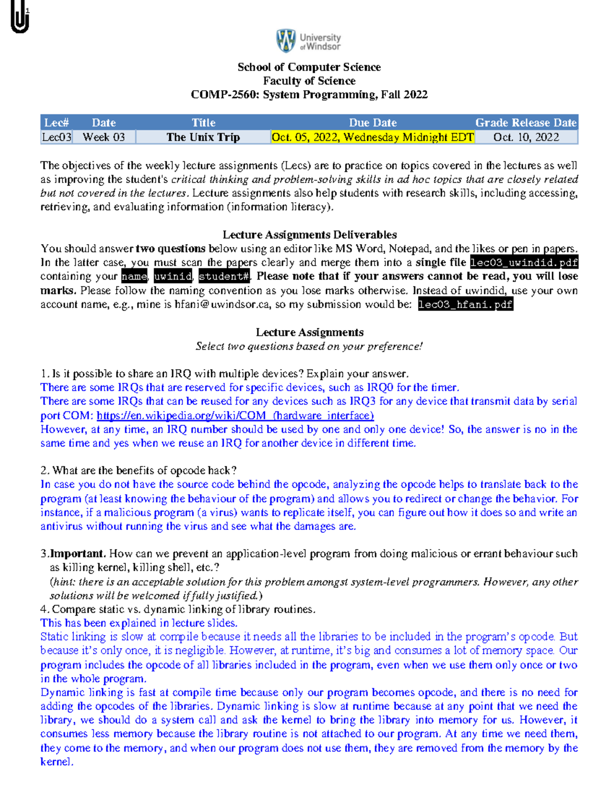 Lec Assignment 2 Answers - 1 School of Computer Science Faculty of ...