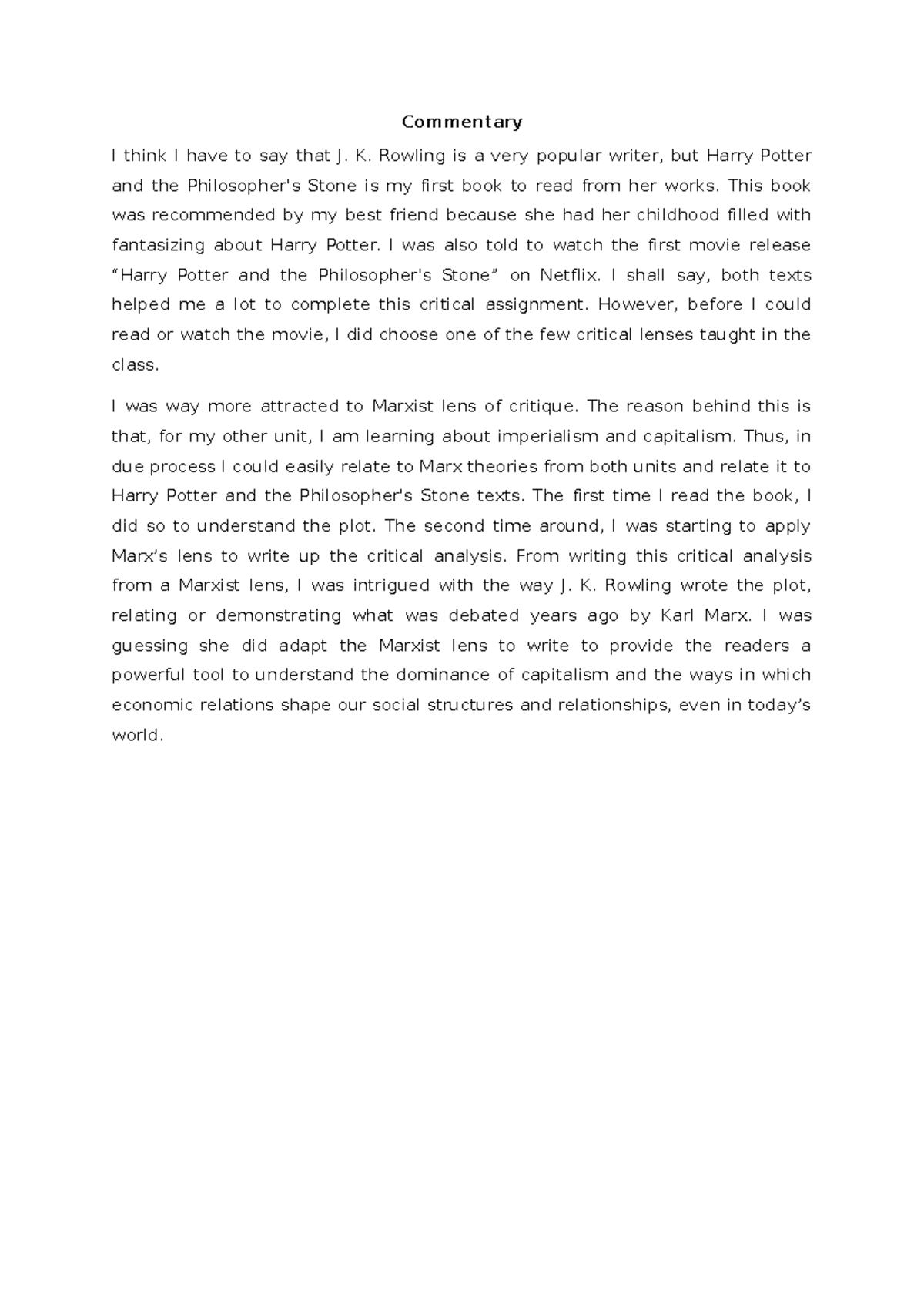 LIT2000 1 Commentary- Sai Dhiruselvam - Commentary I think I have to ...