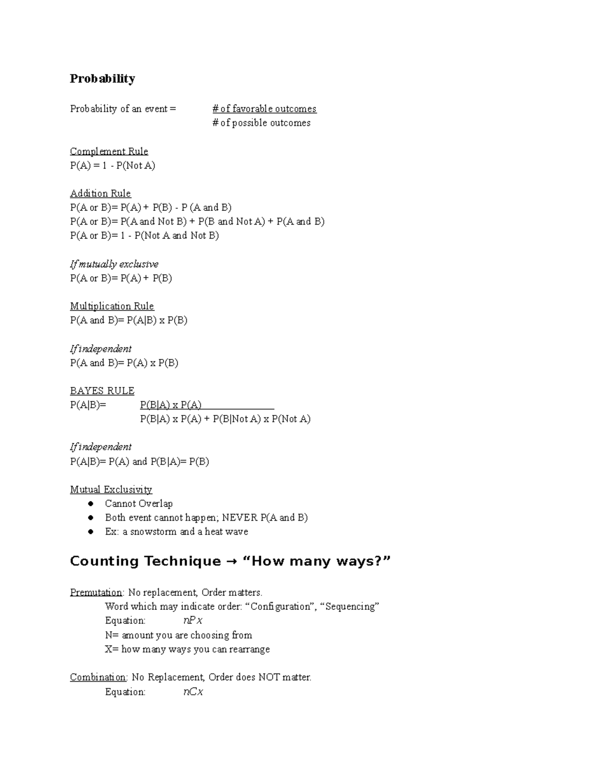 Docx - Cheat sheet - Probability Probability of an event = # of ...