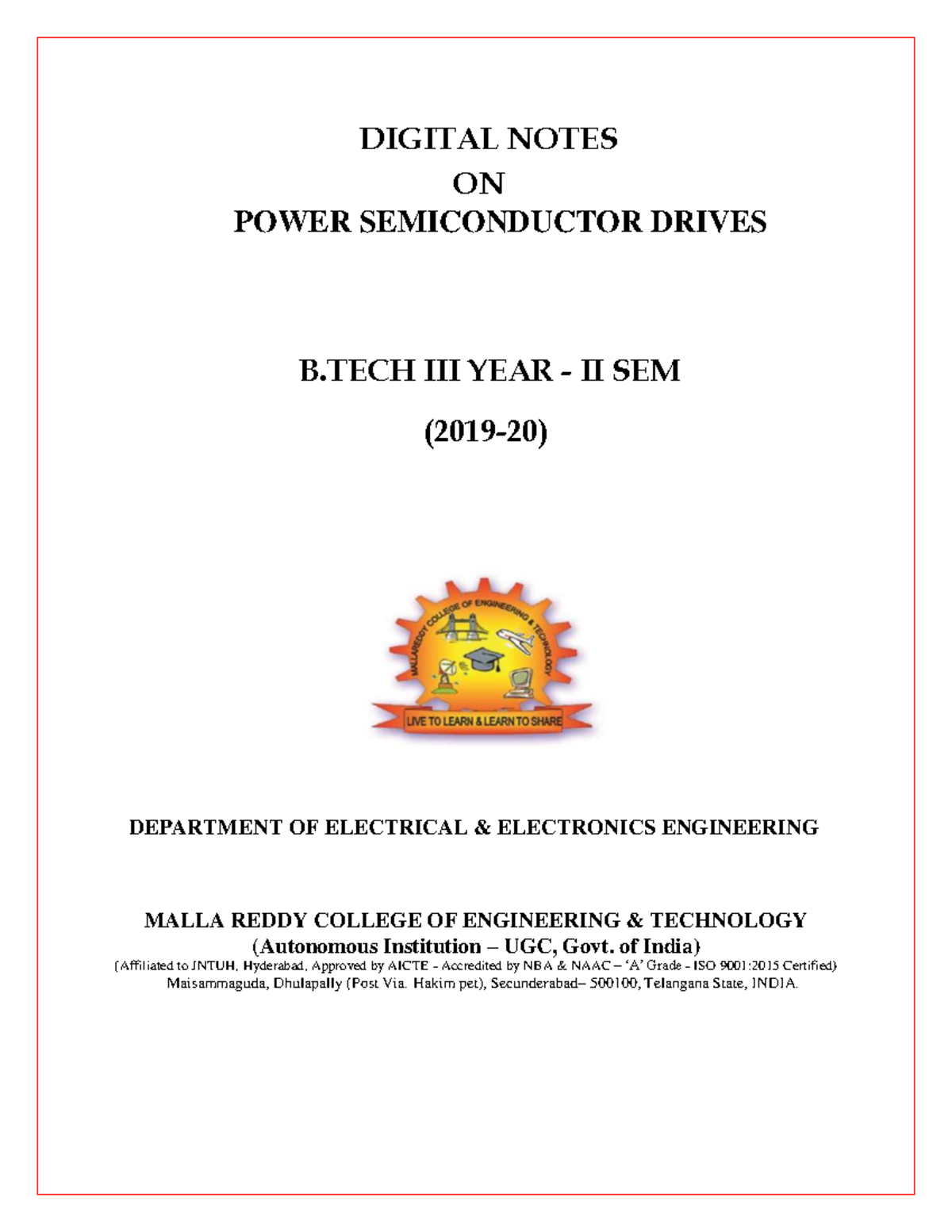 PSD Digital Notes - DIGITAL NOTES ON POWER SEMICONDUCTOR DRIVES B III ...