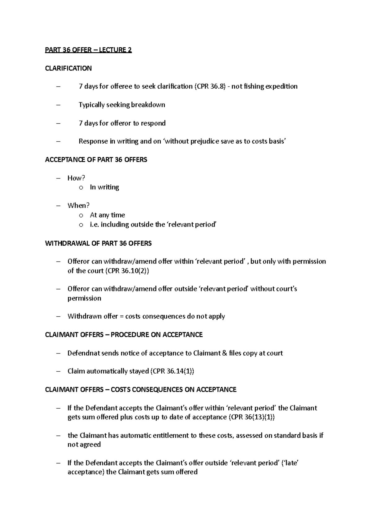 Part 36 Offer - Lecture 2 - PART 36 OFFER – LECTURE 2 CLARIFICATION 7 ...