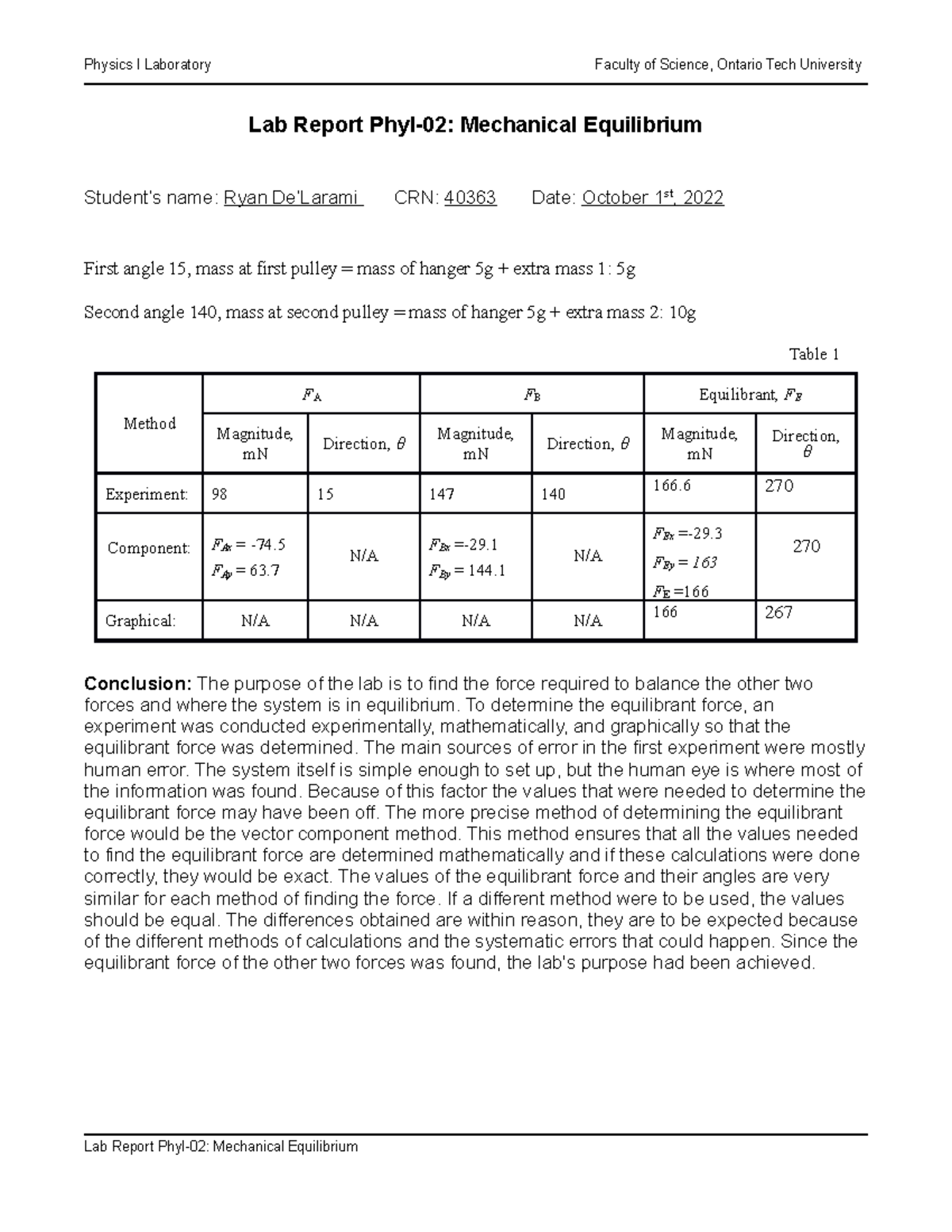 Physics Lab 2 - Physics I Laboratory Faculty of Science, Ontario Tech ...