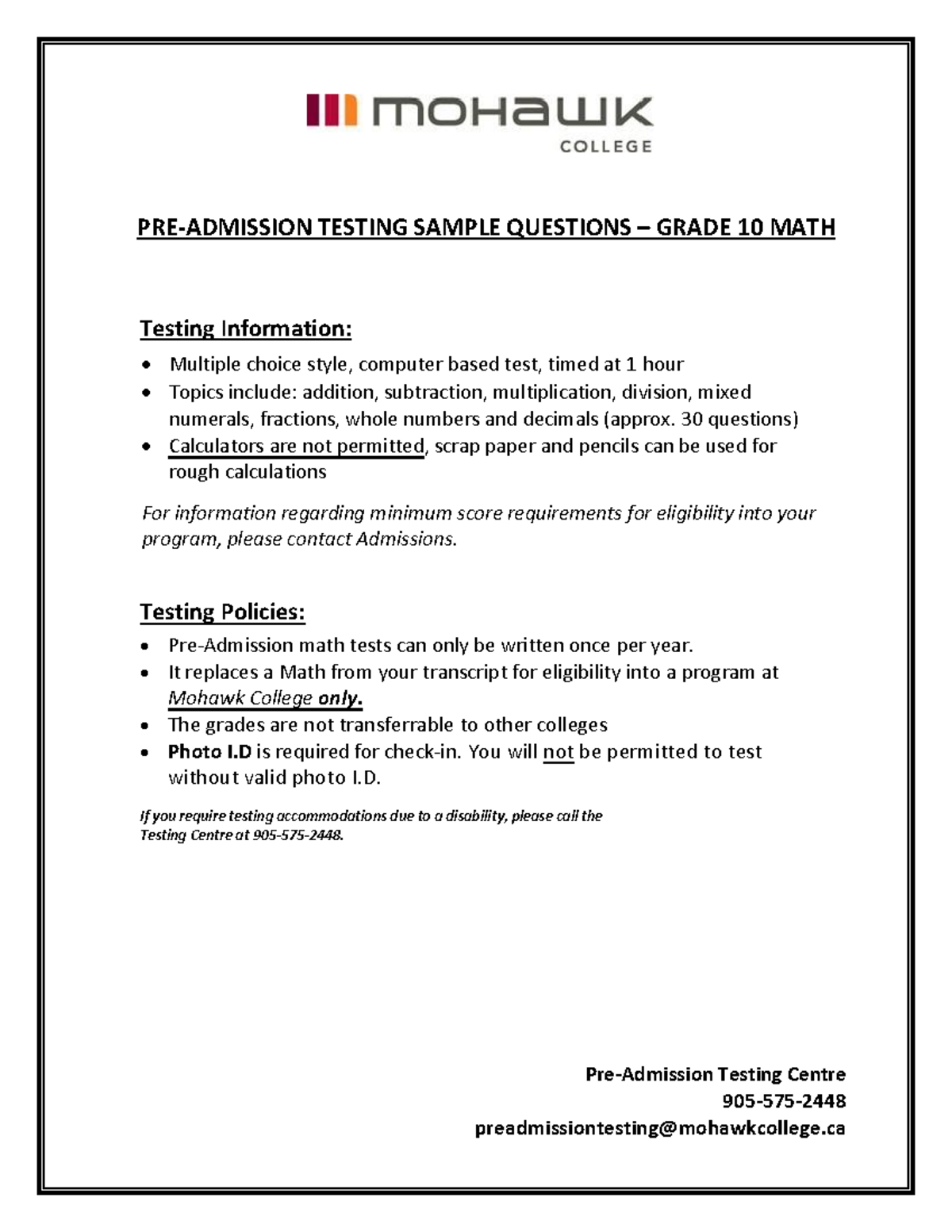 Grade 10 Math Sample Questions - Virtual - PRE-ADMISSION TESTING SAMPLE ...