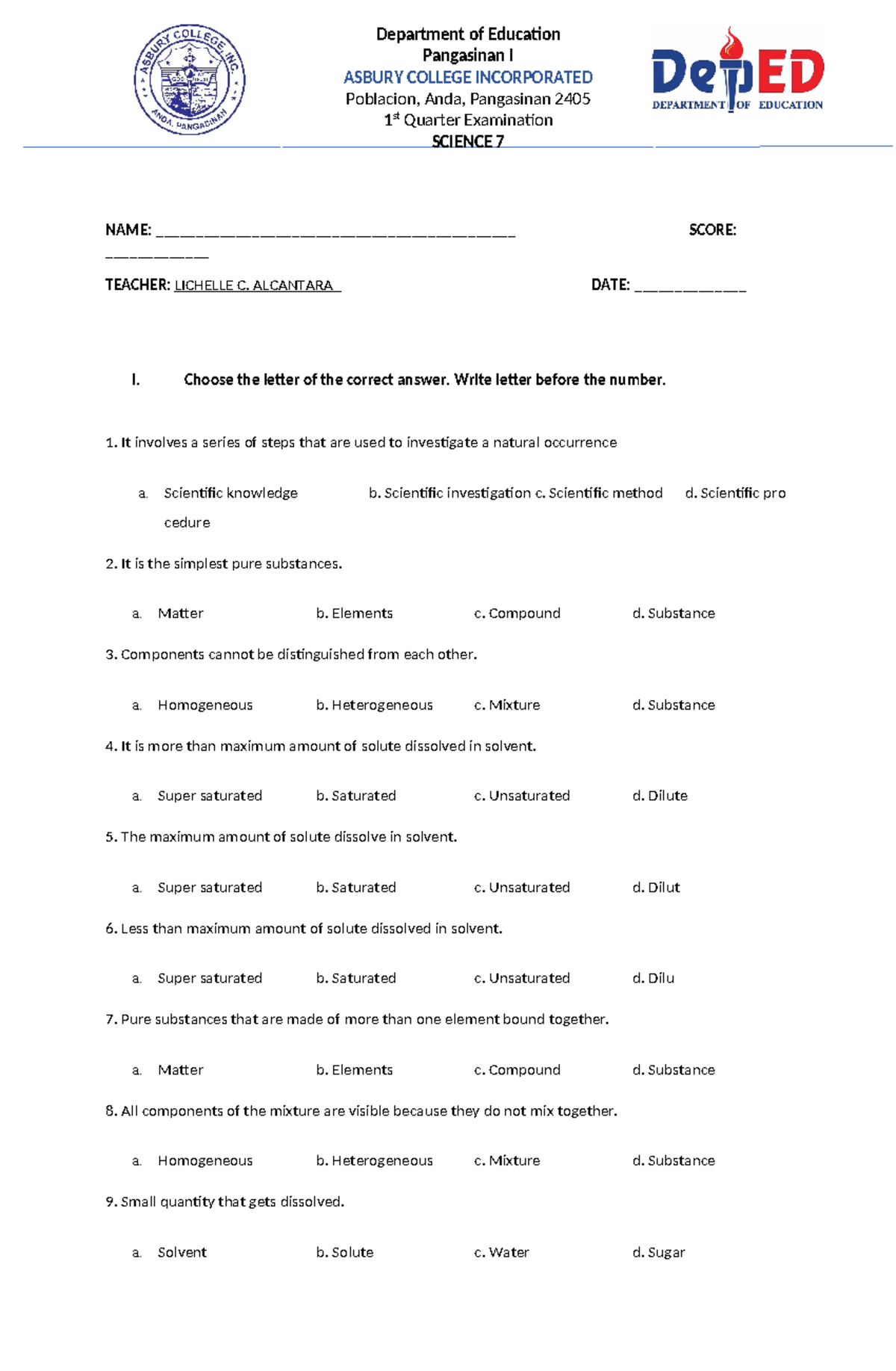 First Quarter Exam Science 7 - NAME ...