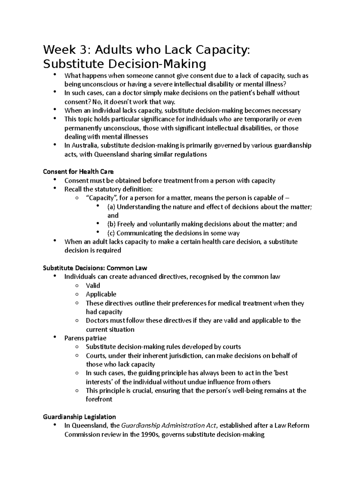 Week 3 - LEC - Week 3: Adults who Lack Capacity: Substitute Decision-Making What happens when ...