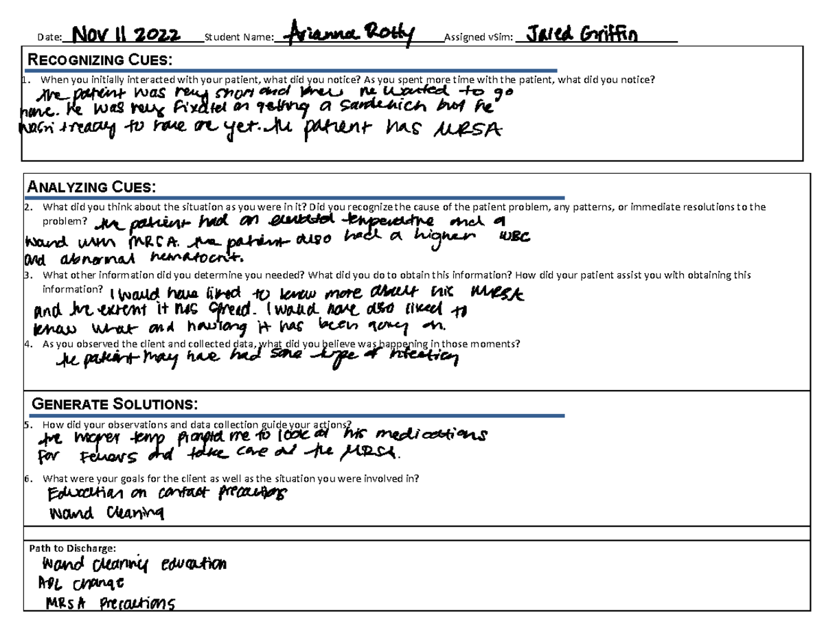 Jared griffin post clinical - Date: Student Name: Assigned vSim ...