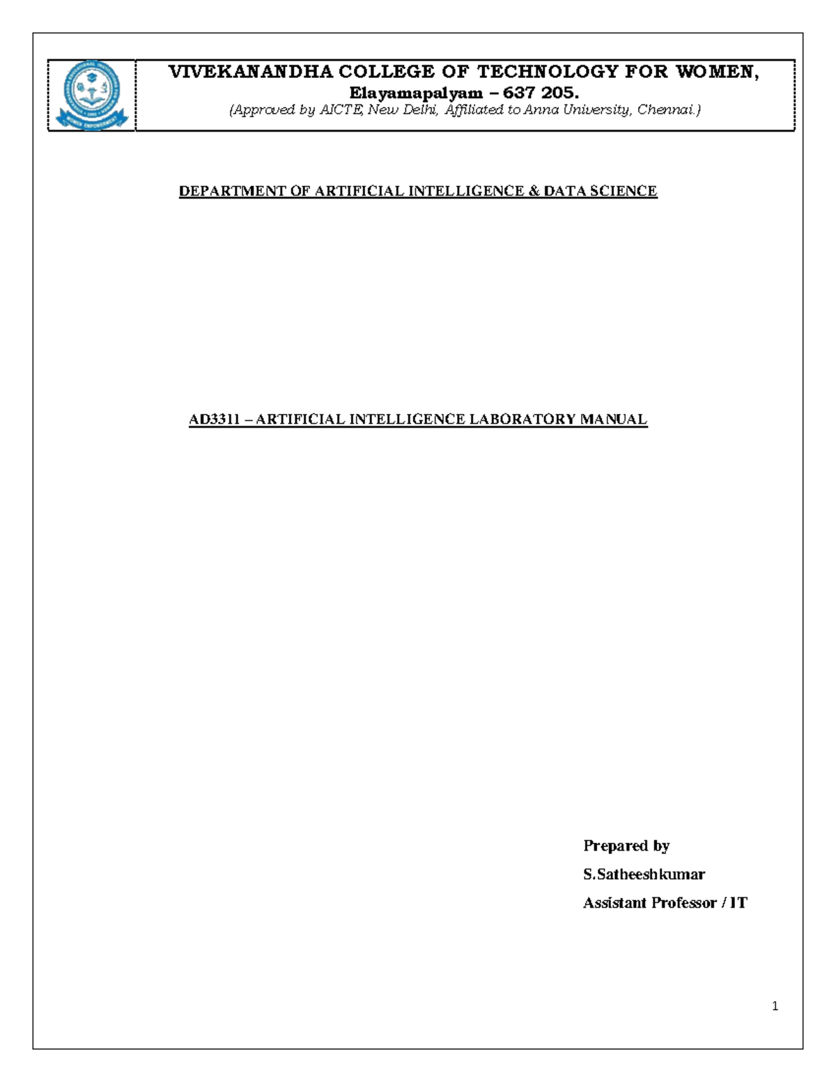 AD3311 - AI LAB Manual 1 - DEPARTMENT OF ARTIFICIAL INTELLIGENCE & DATA ...