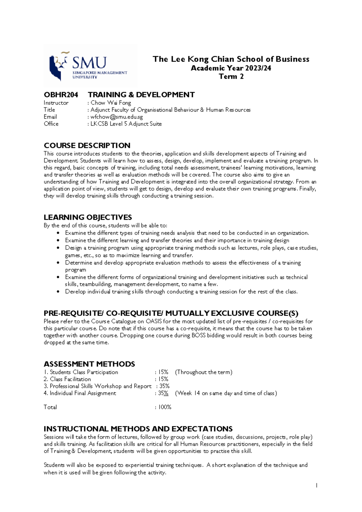 OBHR204 Training & Development Syllabus - The Lee Kong Chian School of ...