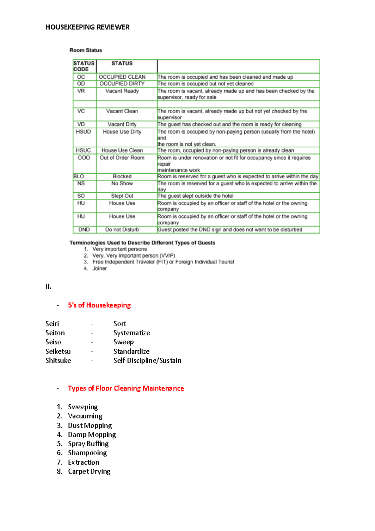 Reviewer-h - .... - HOUSEKEEPING REVIEWER II. 5’s of Housekeeping Seiri ...