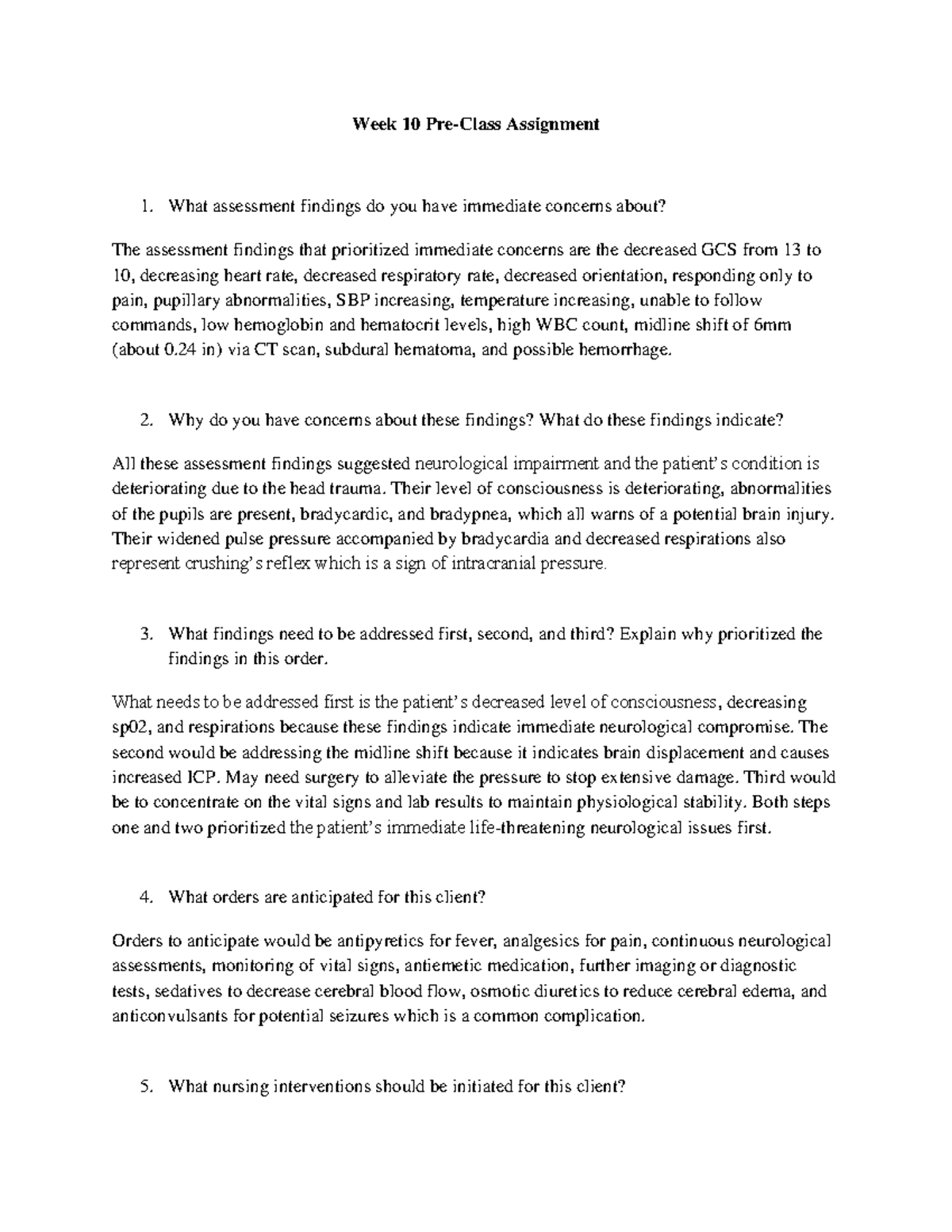 Week 10 Pre-Class Assignment - Week 10 Pre-Class Assignment What assessment findings do you have ...