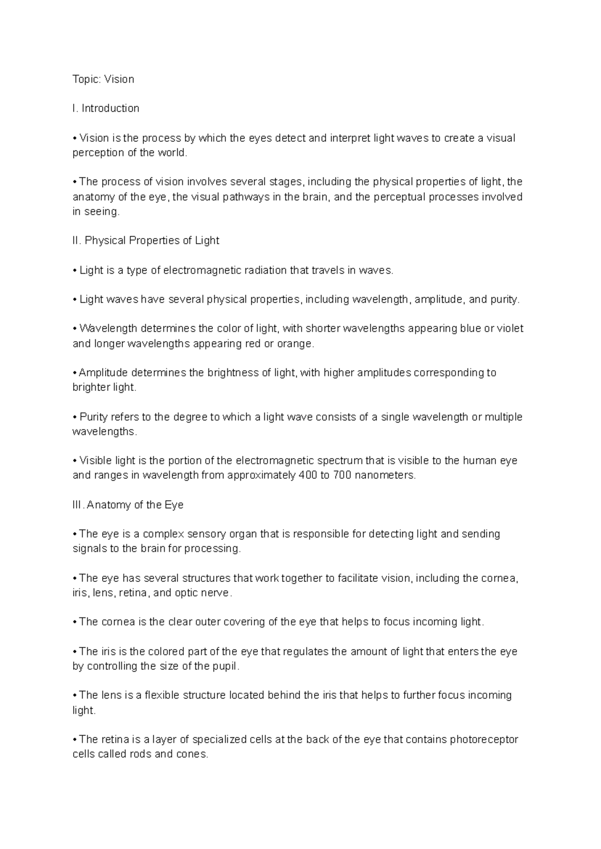 5.3 Vision - summary of - Topic: Vision I. Introduction Vision is the ...