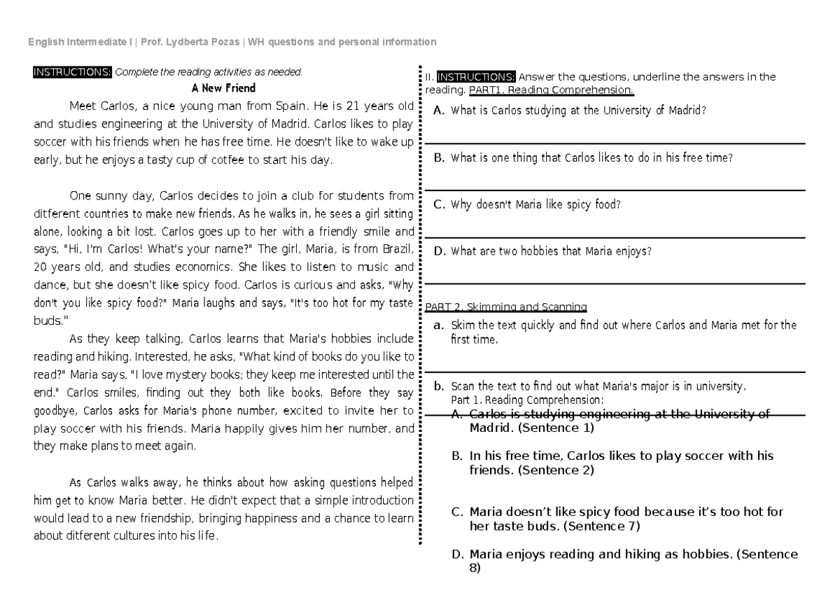 Reading exercise 2 mac 2024-II - English Intermediate I | Prof ...