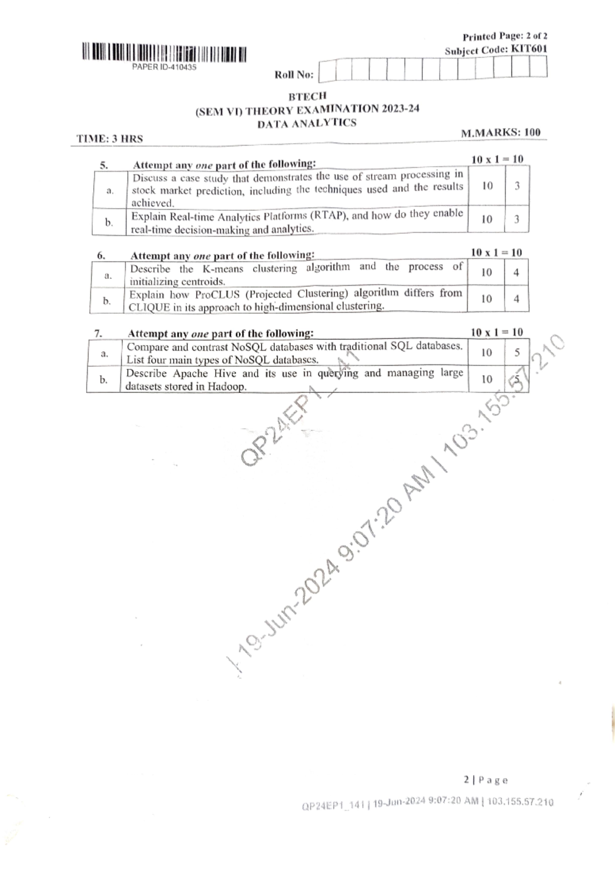 Data Analytics AKTU - Previous year paper 2023-2024 - TIME: 3 HRS 6. 7 ...