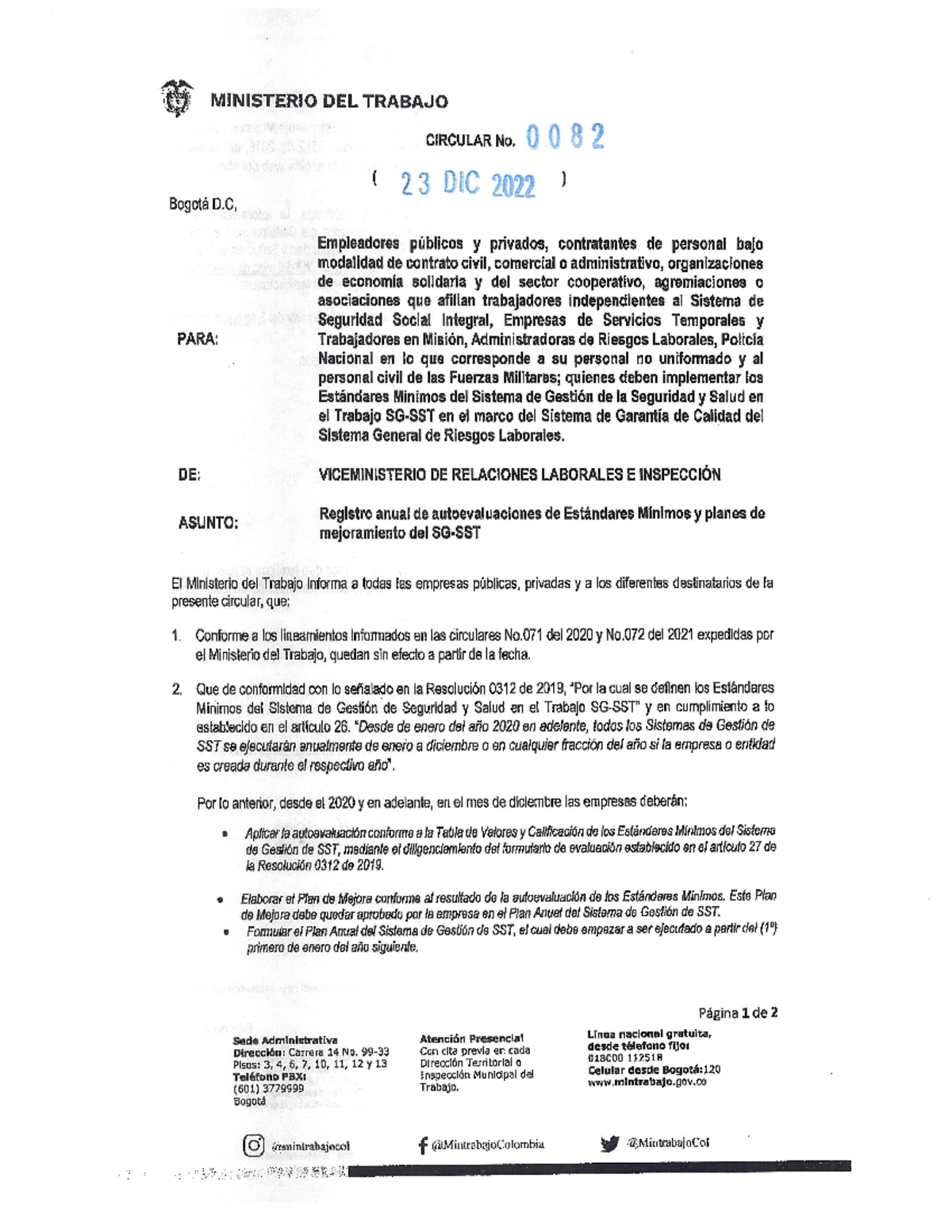 Circular No. 0082 Reporte Autoevaluacion Estandares minimos de ...
