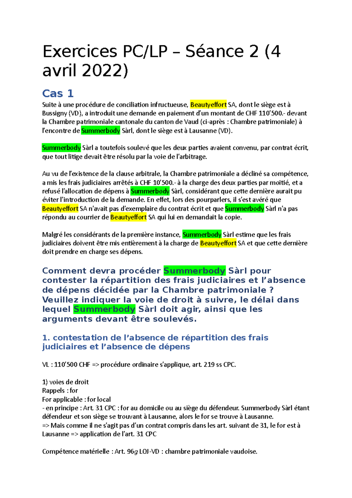 Exercices PC session 2 - Résumé du cours - Exercices PC/LP – Séance 2 ( avril 2022) Cas 1 Suite ...