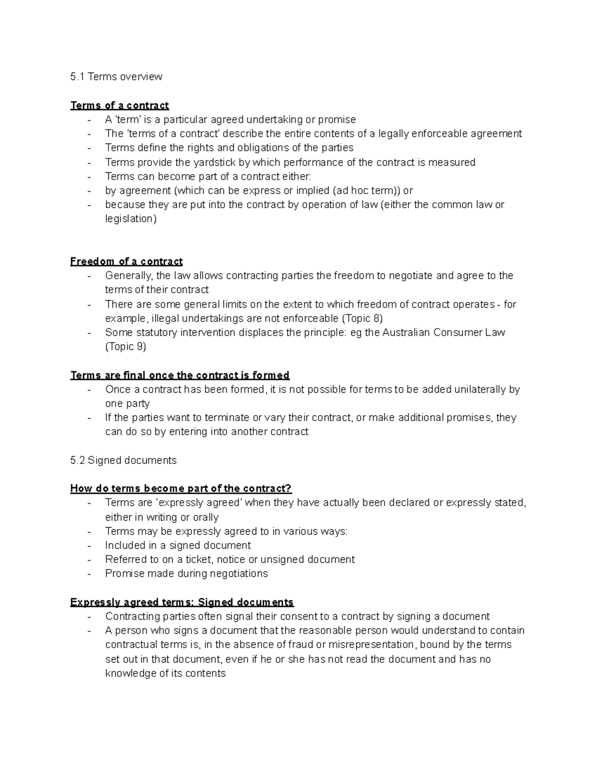 Principle of business law Lecture 5 notes - 5 Terms overview Terms of a ...