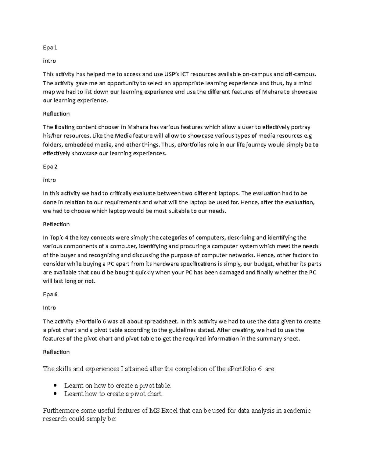 Journals - Summary ICT - Epa 1 intro This activity has helped me to ...