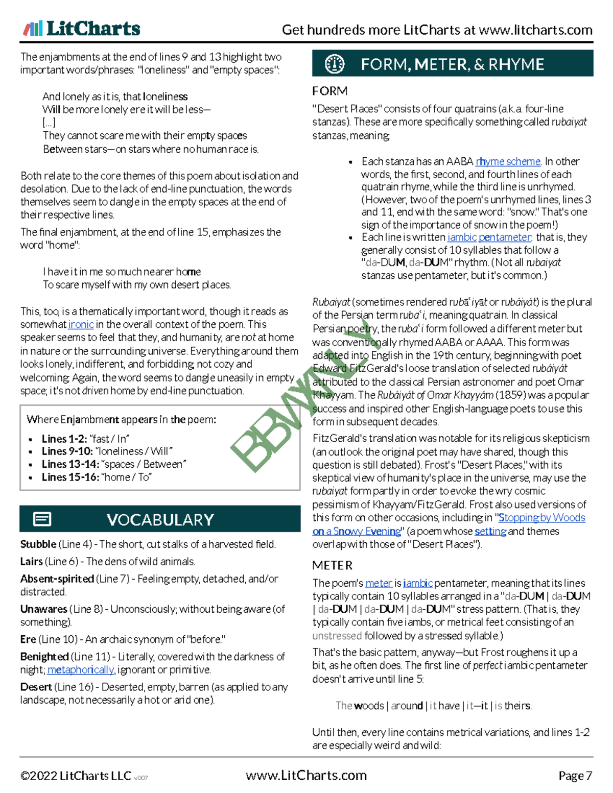 Lit Charts-desert-places 7 - The enjambments at the end of lines 9 and ...