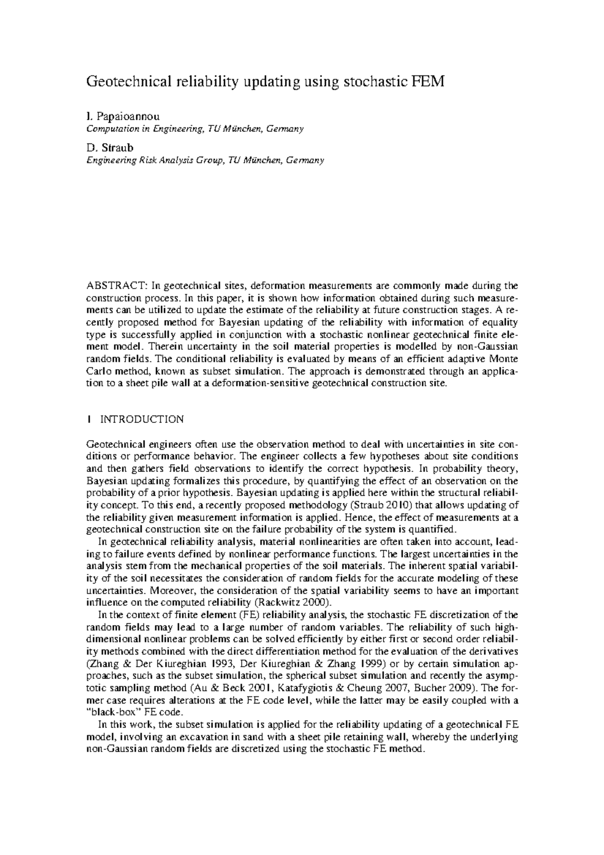 Geotechnical Reliability Updating Using Stochastic Fem 1 Introduction