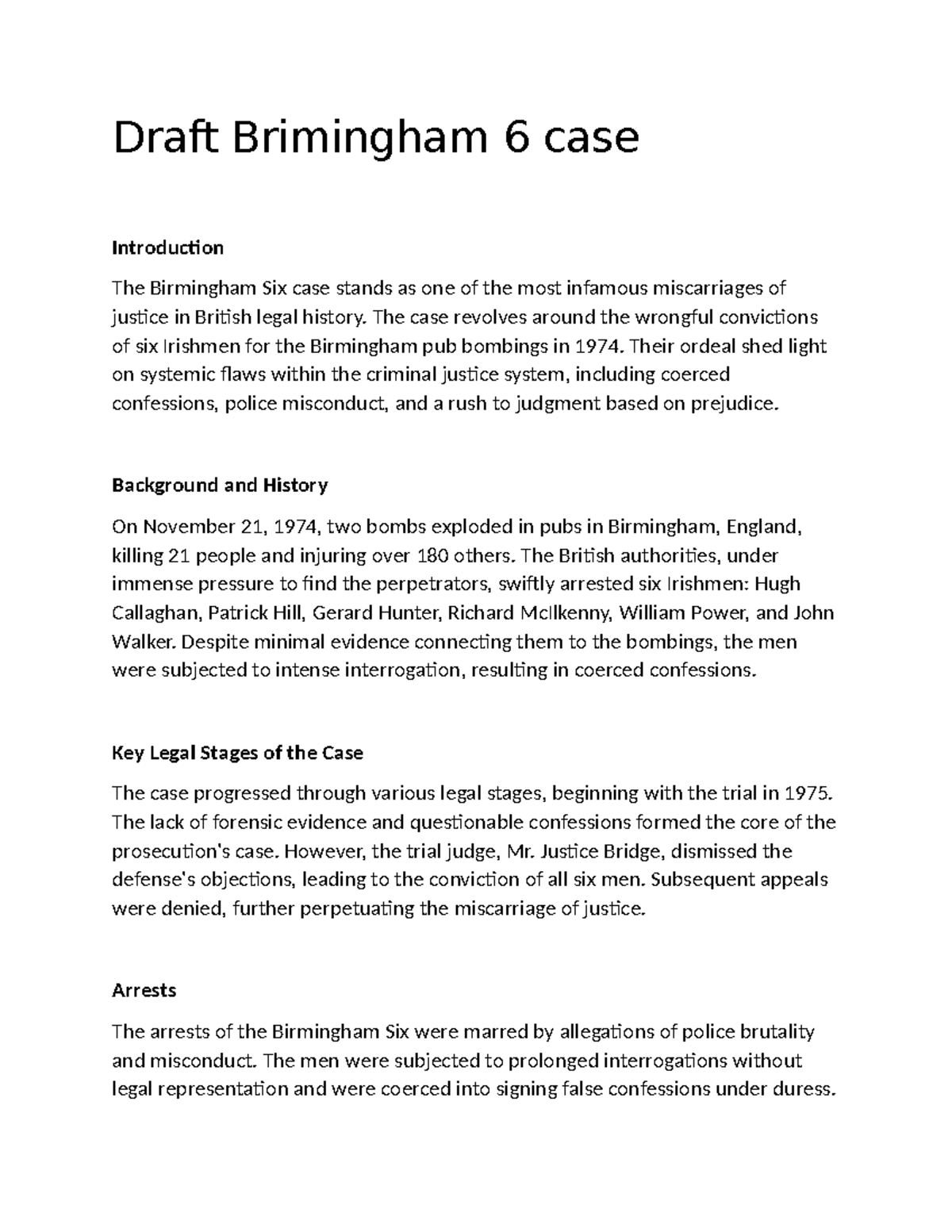 Draft Brimingham 6 case - Draft Brimingham 6 case Introduction The ...