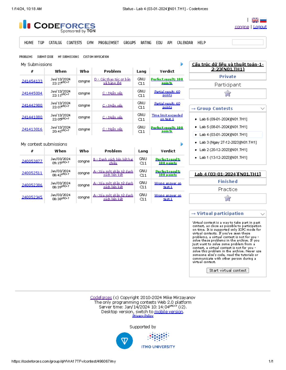 Lab4 - jhioggu - 1/14/24, 10:18 AM Status - Lab 4 (03-01-2024)[N01] - Codeforces - Studocu
