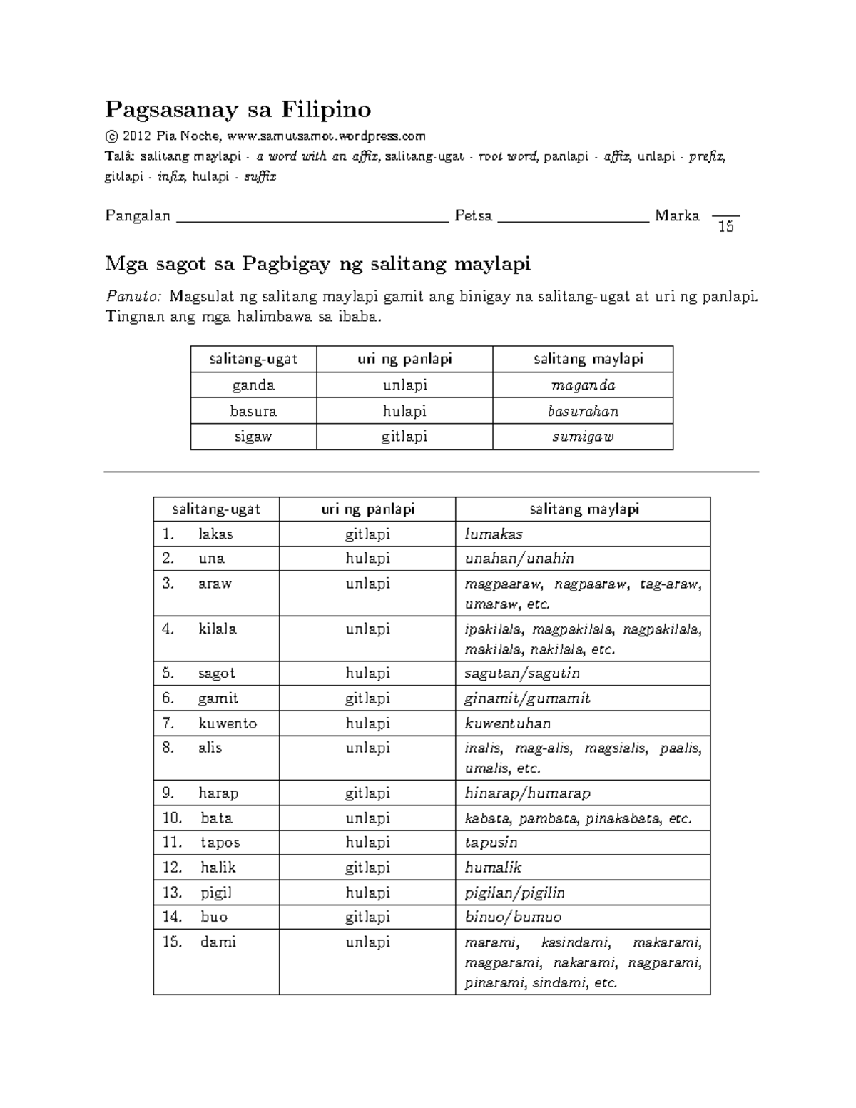 Mga-sagot-sa-salitang-maylapi 2-1 - Pagsasanay sa Filipino © c 2012 Pia ...