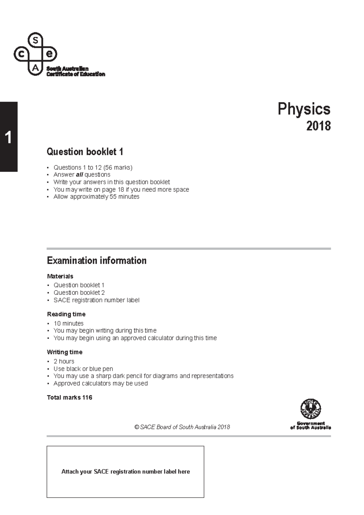 2018 Physics Exam - Physics 2018 1 Attach your SACE registration number ...