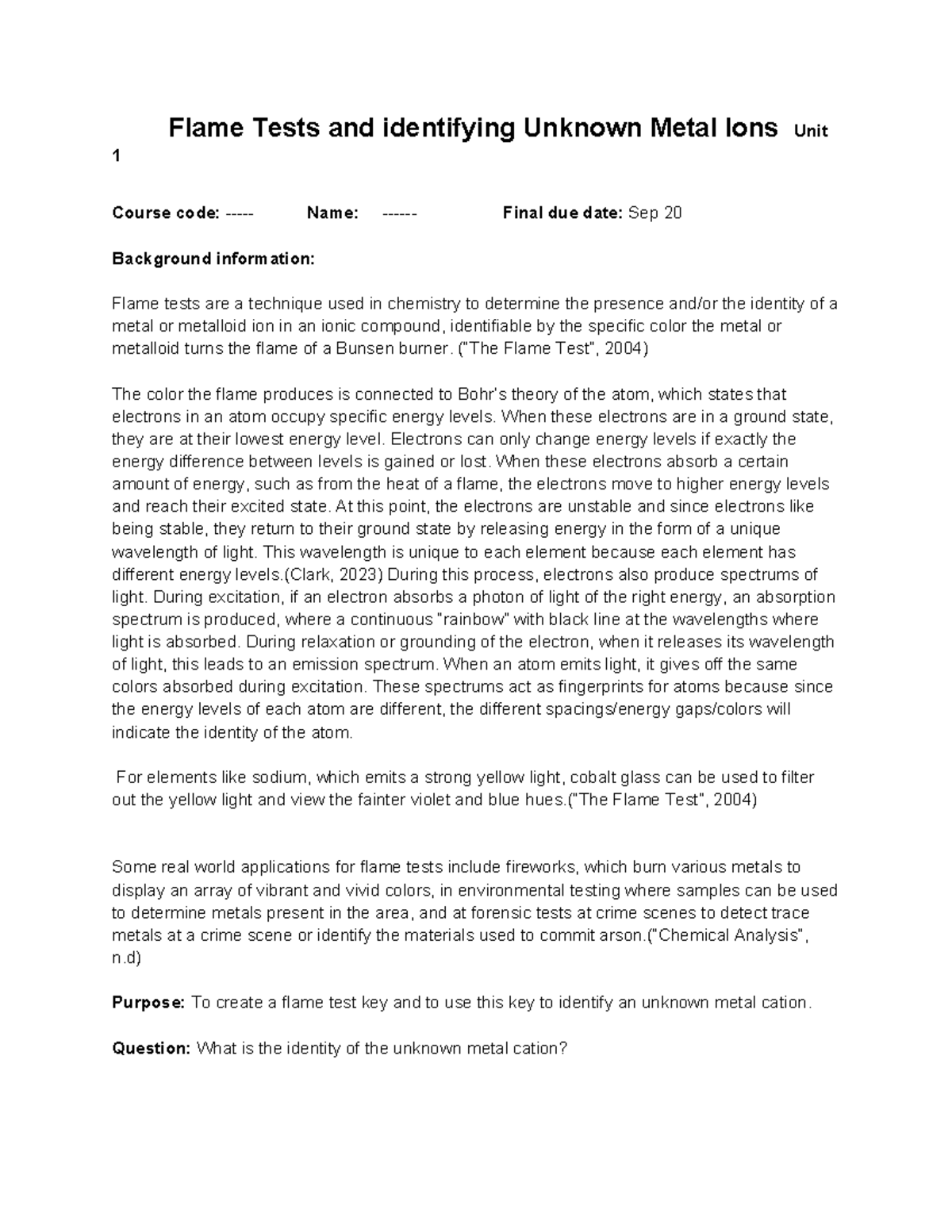 Flame Tests and identifying Unknown Metal Ions - (“The Flame Test ...