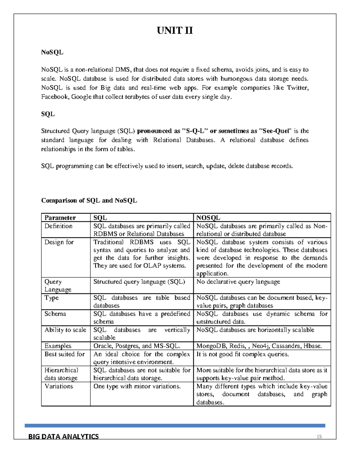 Big Data Notes UNIT-2 - UNIT II NoSQL NoSQL is a non-relational DMS ...