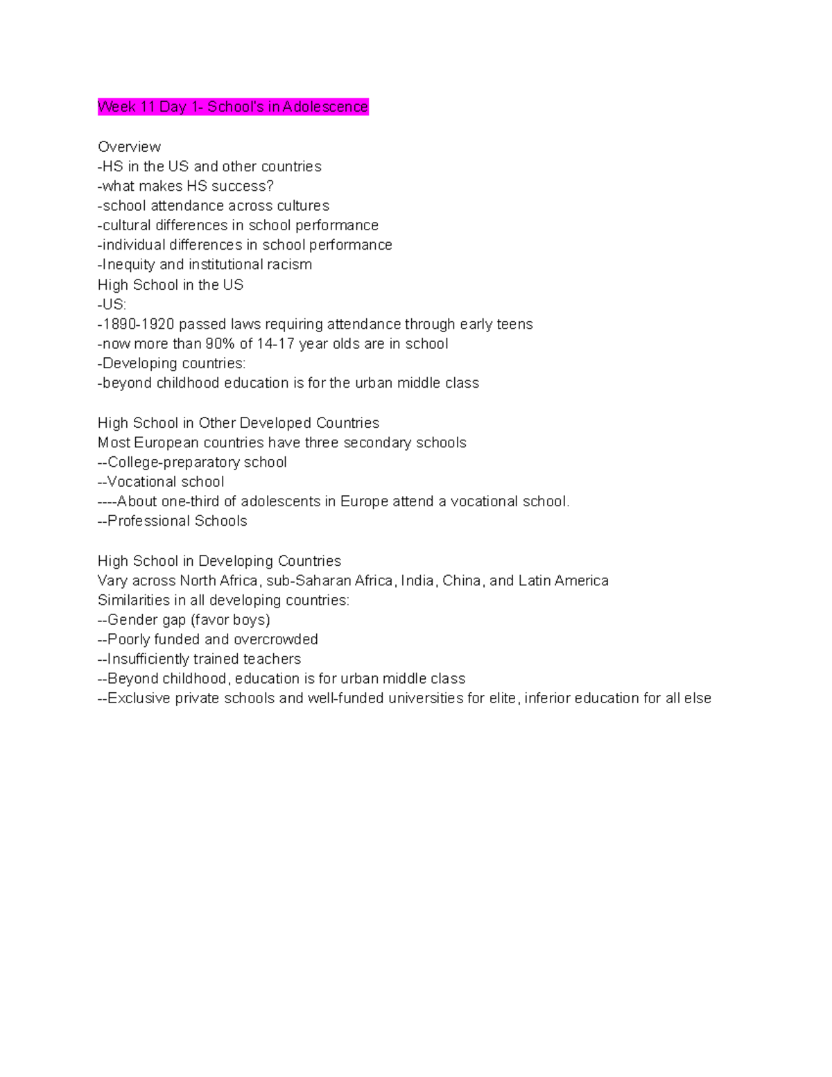 Human development - Week 11 Day 1- School’s in Adolescence Overview -HS ...