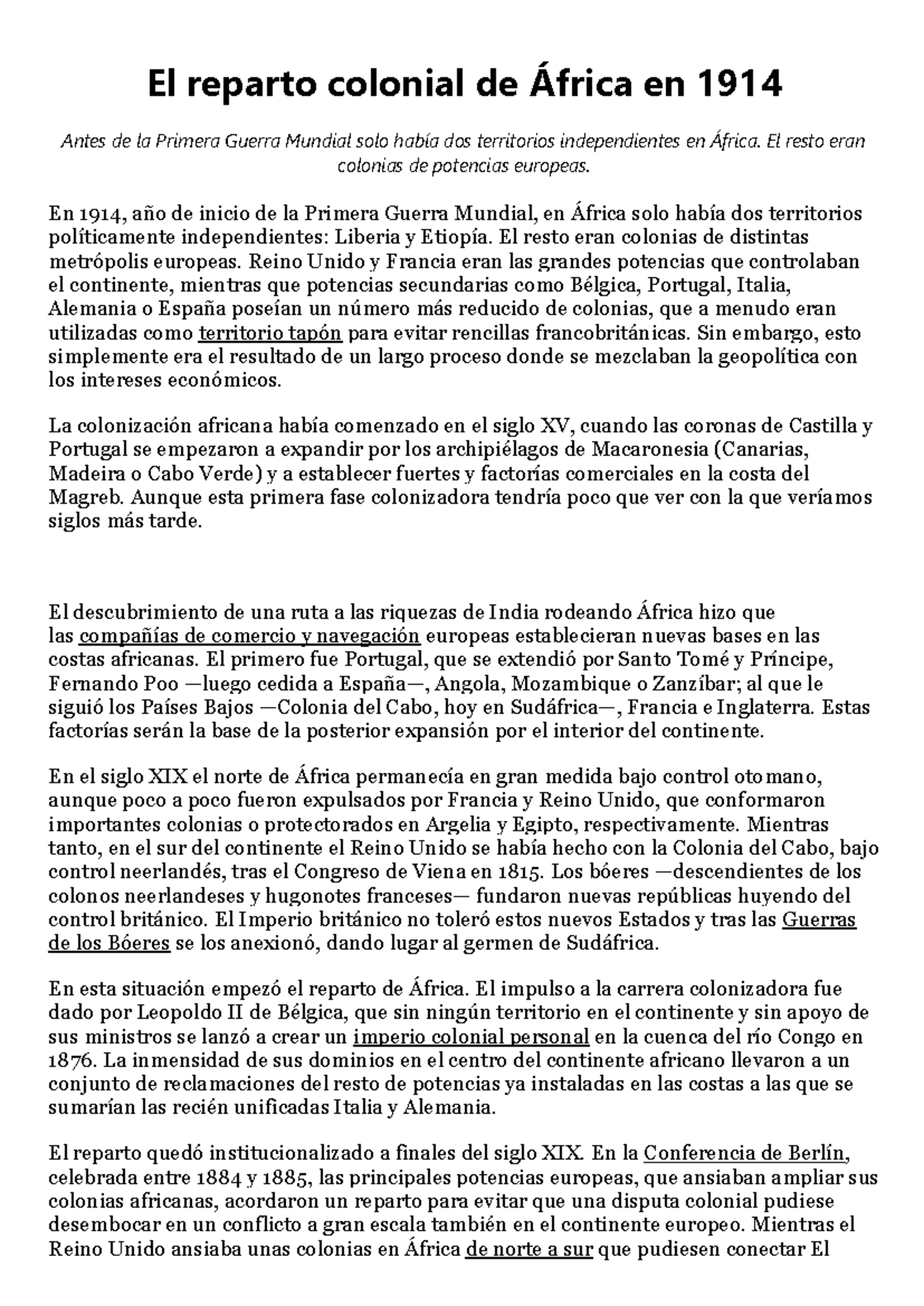 5 El reparto colonial de África en 1914 - El resto eran colonias de ...