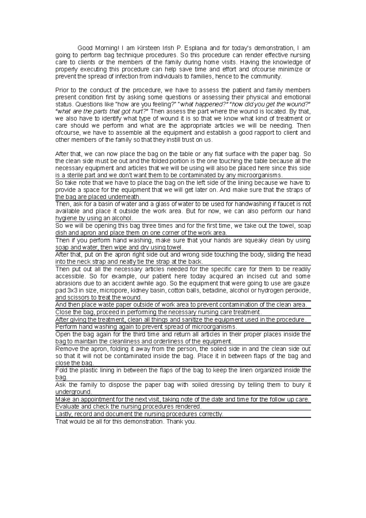 Bag Technique Return Demonstration - Script - Good Morning! I am ...