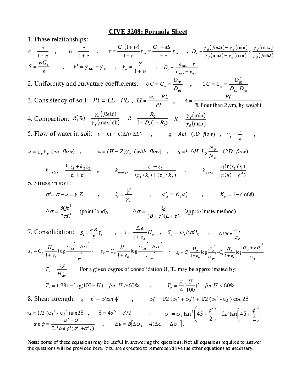 CIVE 3208-Formula Sheet - CIVE 3208: Formula Sheet 1. Phase ...
