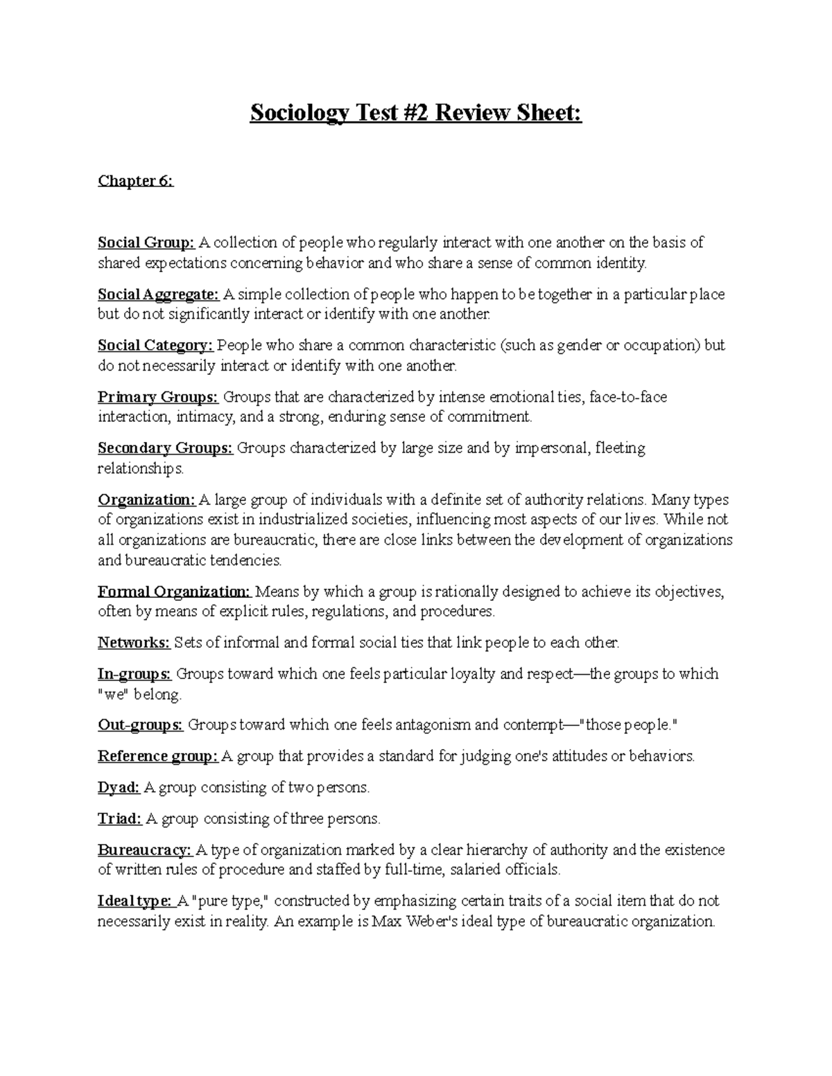 Sociology Test 2 Review Sheet - Social Aggregate: A simple collection ...