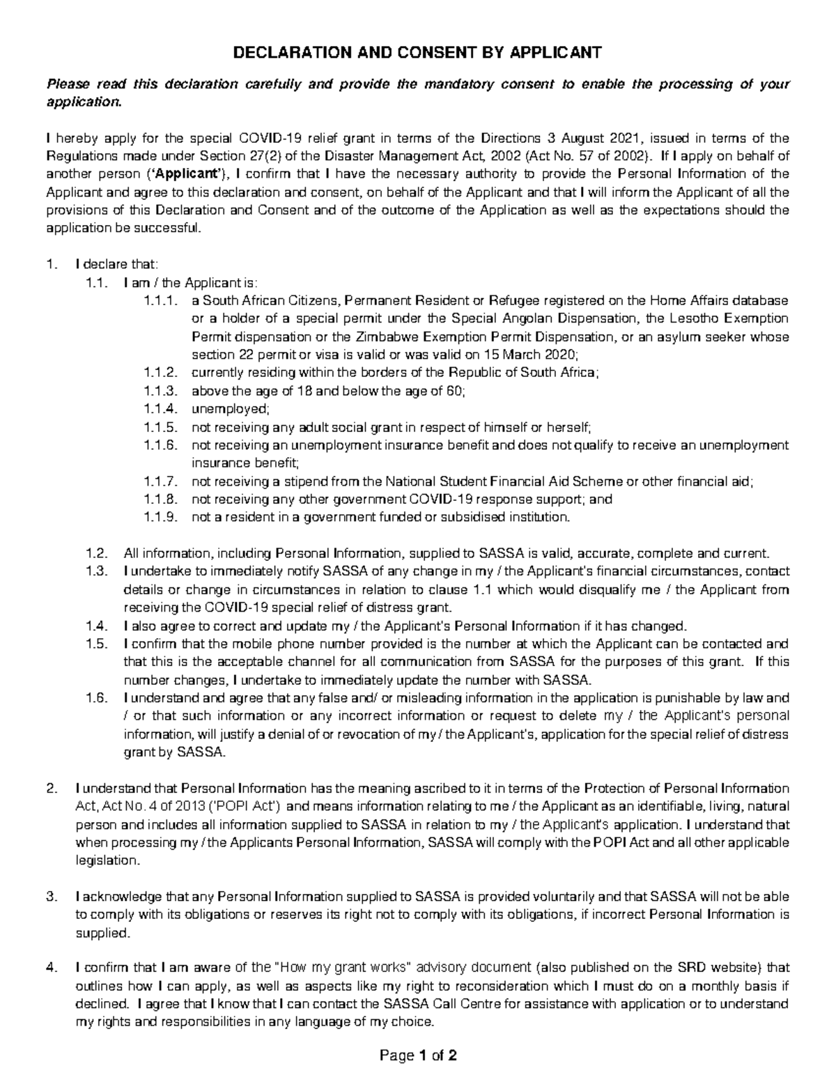 Consent - Bed - Page 1 of 2 DECLARATION AND CONSENT BY APPLICANT Please ...