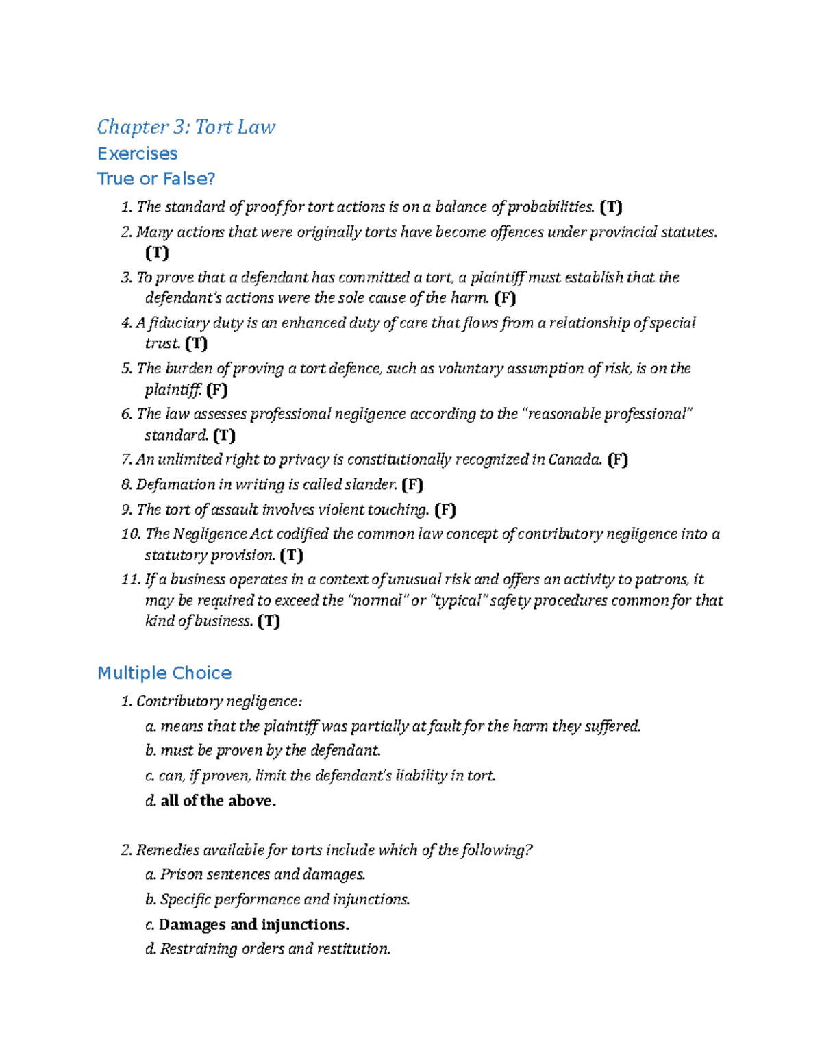 Chapter 3 Questions - No answers - Chapter 3: Tort Law Exercises True ...