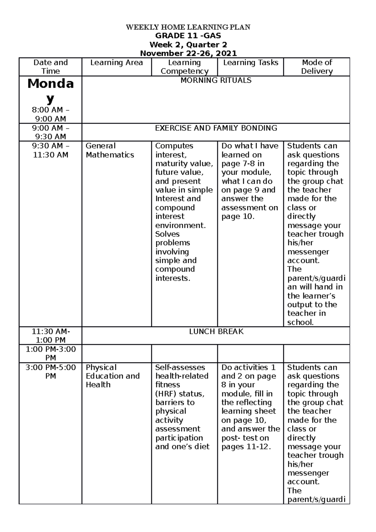 WEEKLY HOME LEAERNING PLAN - WEEKLY HOME LEARNING PLAN GRADE 11 -GAS ...