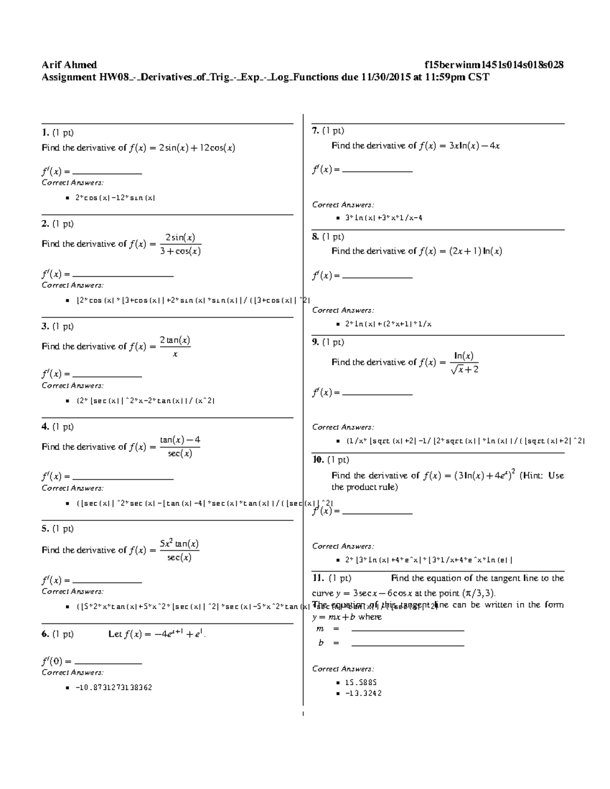 Hw08 Derivatives Of Trig Exp Log Functions F ′ 0 Correct