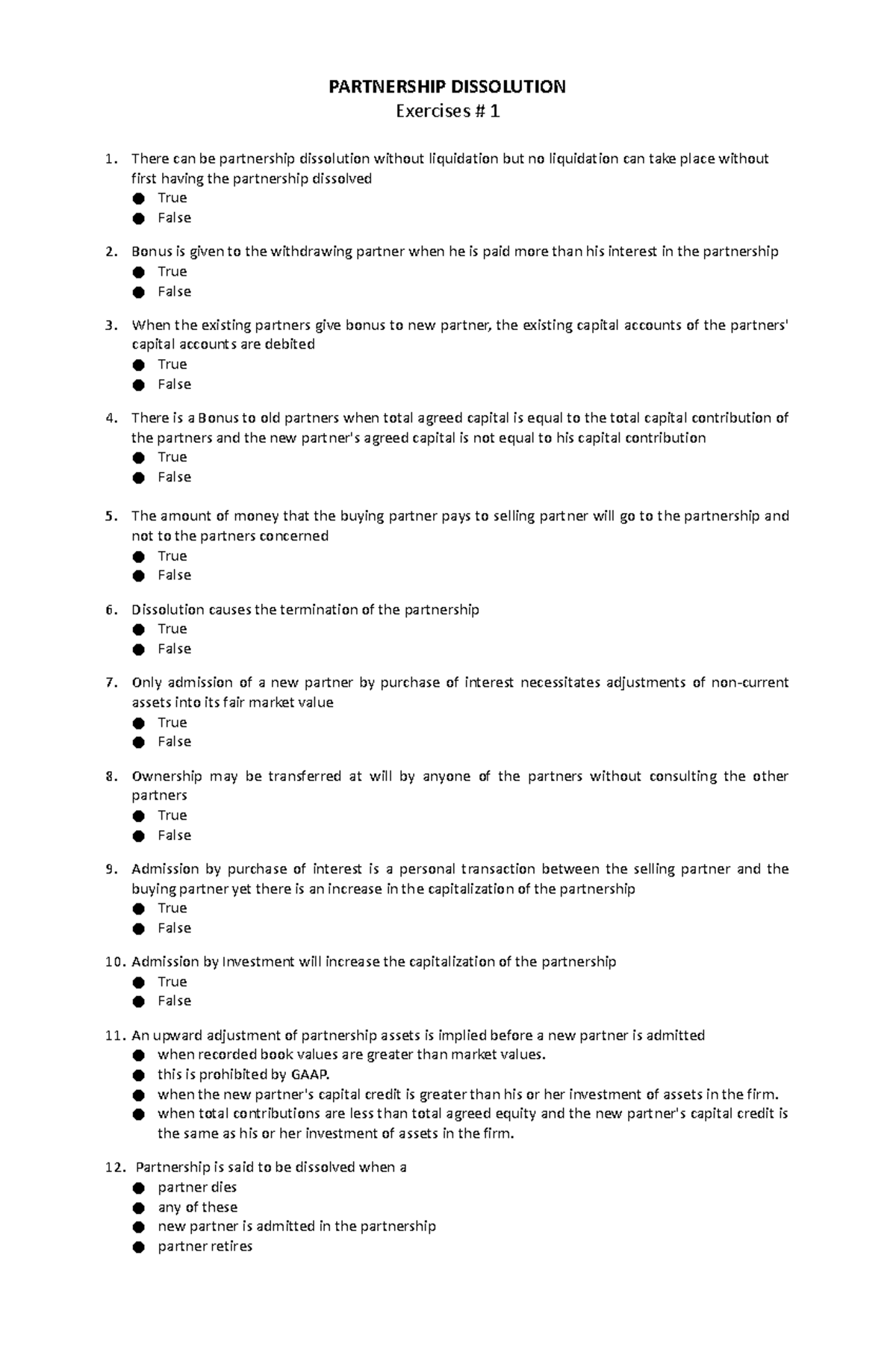 Partnership Dissolution Exercises 1 - PARTNERSHIP DISSOLUTION Exercises ...