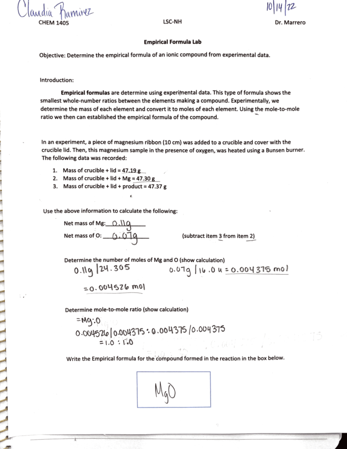 Empirical Formula Lab - Lab Reports - CHEM 1405 - Studocu