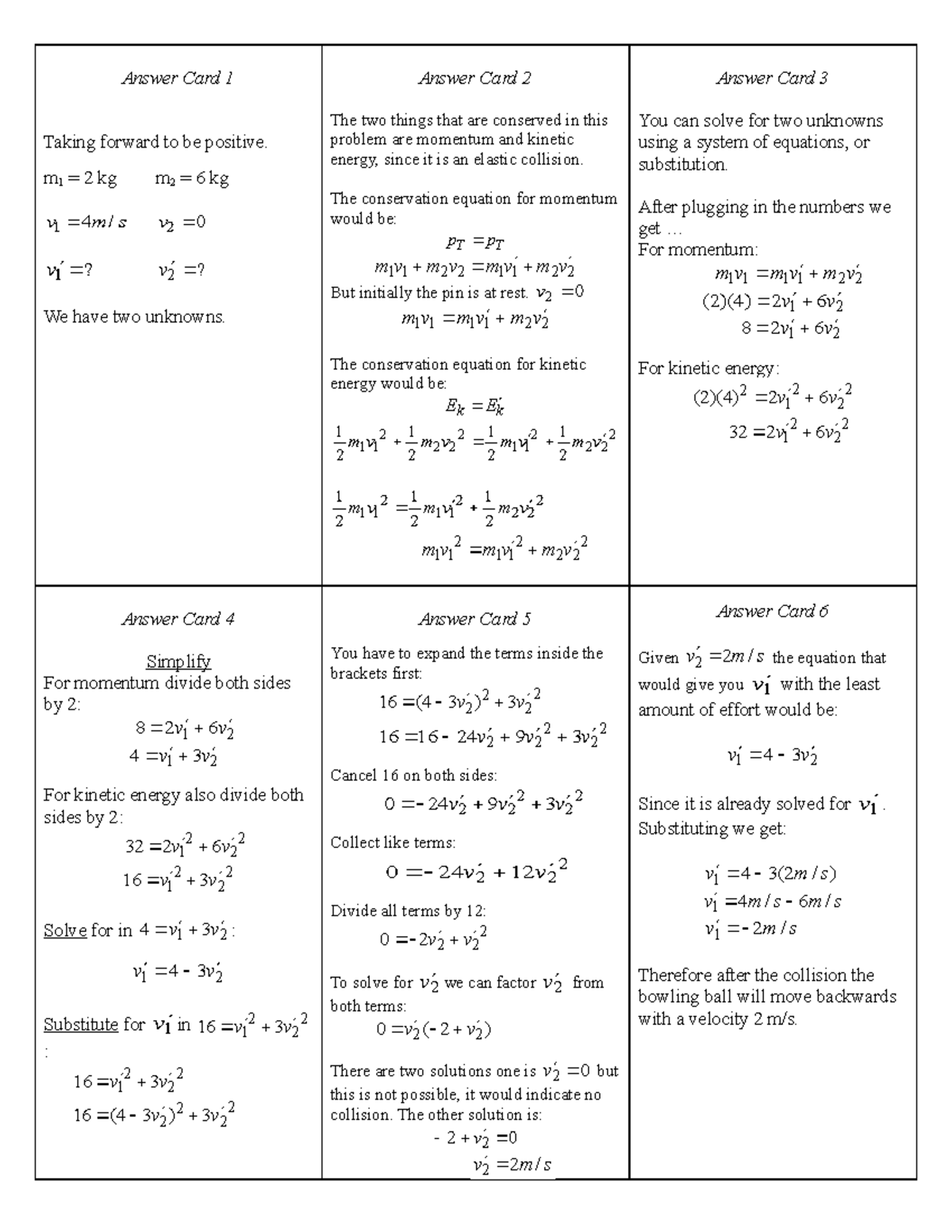 Solving Elastic Collision Problems Answer Cards - Answer Card 1 Taking ...