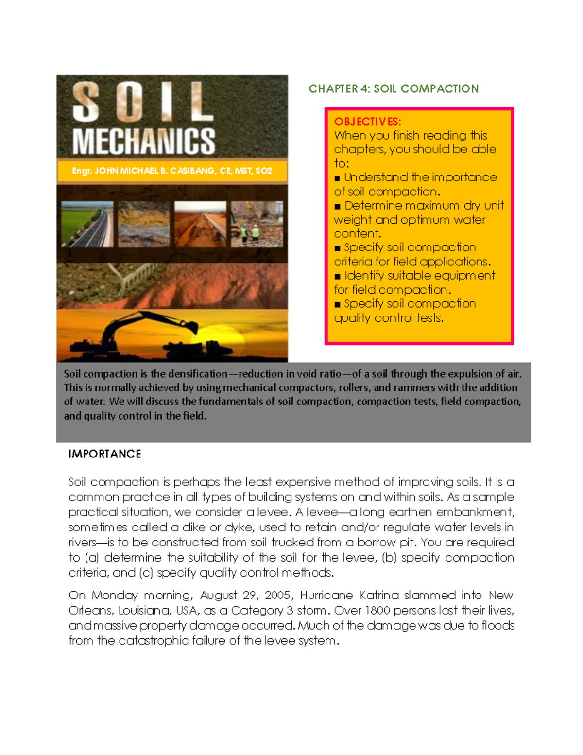 Lecture Notes in SOIL+ Compaction (Geotechnical Engineering) - CHAPTER ...