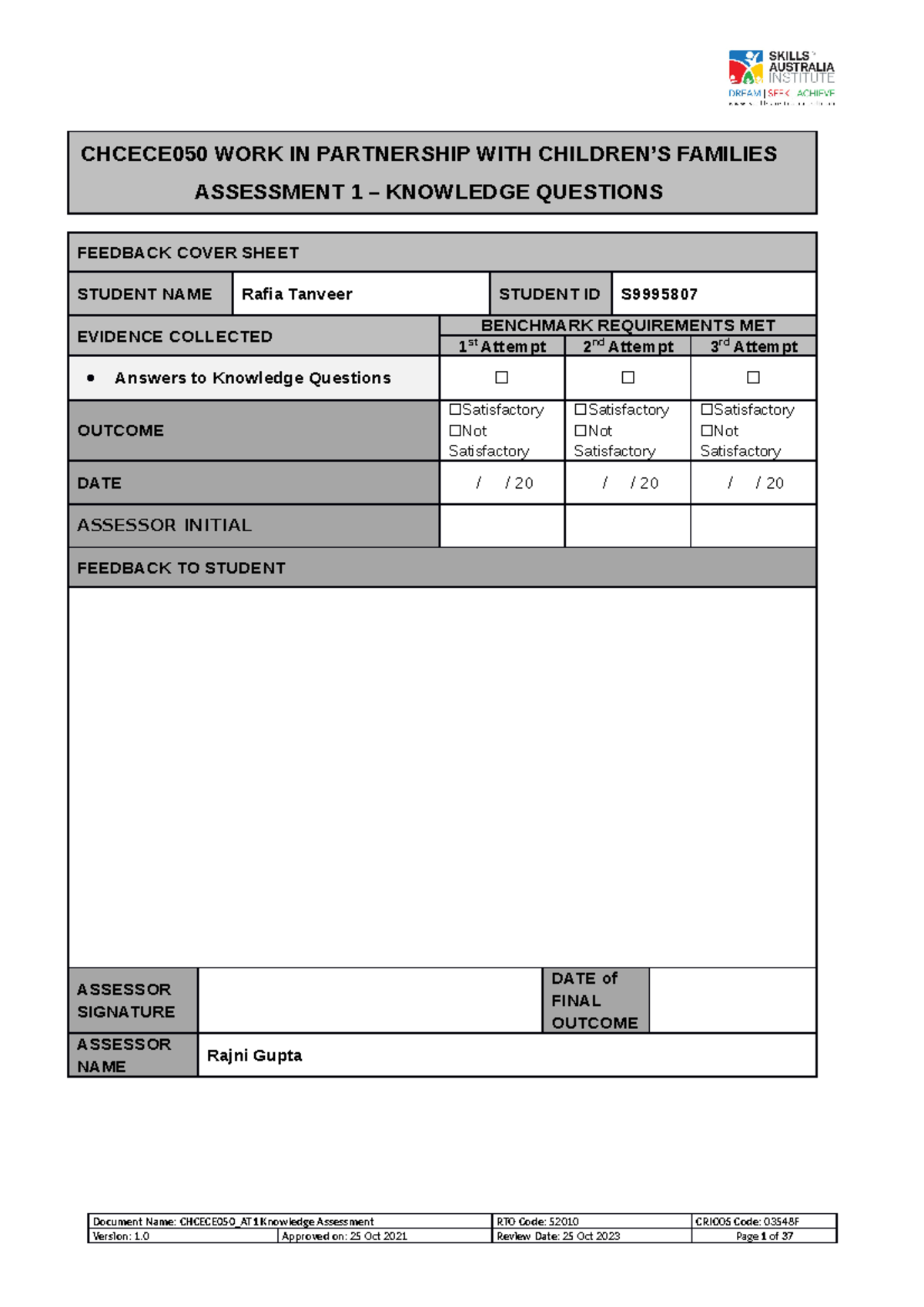 Chcece 050 AT1 Knowledge Assessment - CHCECE050 WORK IN PARTNERSHIP ...