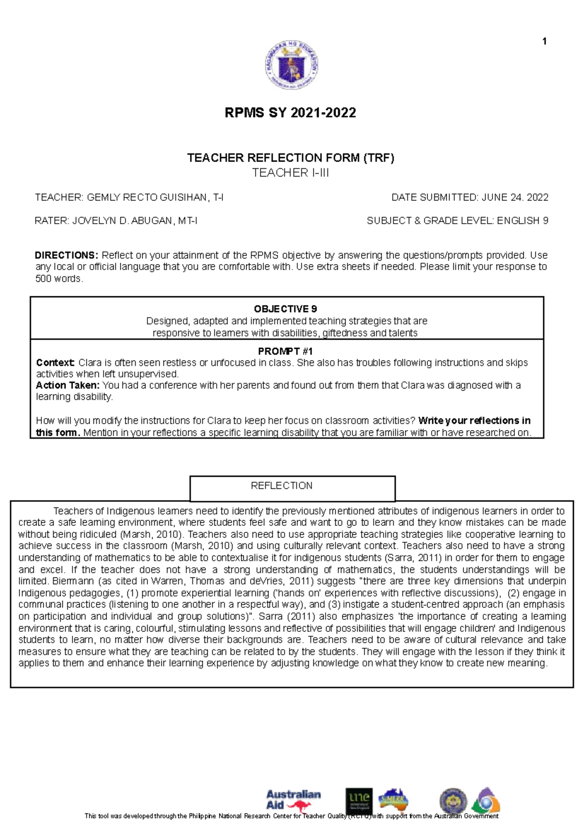 Appendix 4A Teacher Reflection Form for T I III for RPMS SY 2021 2022 ...